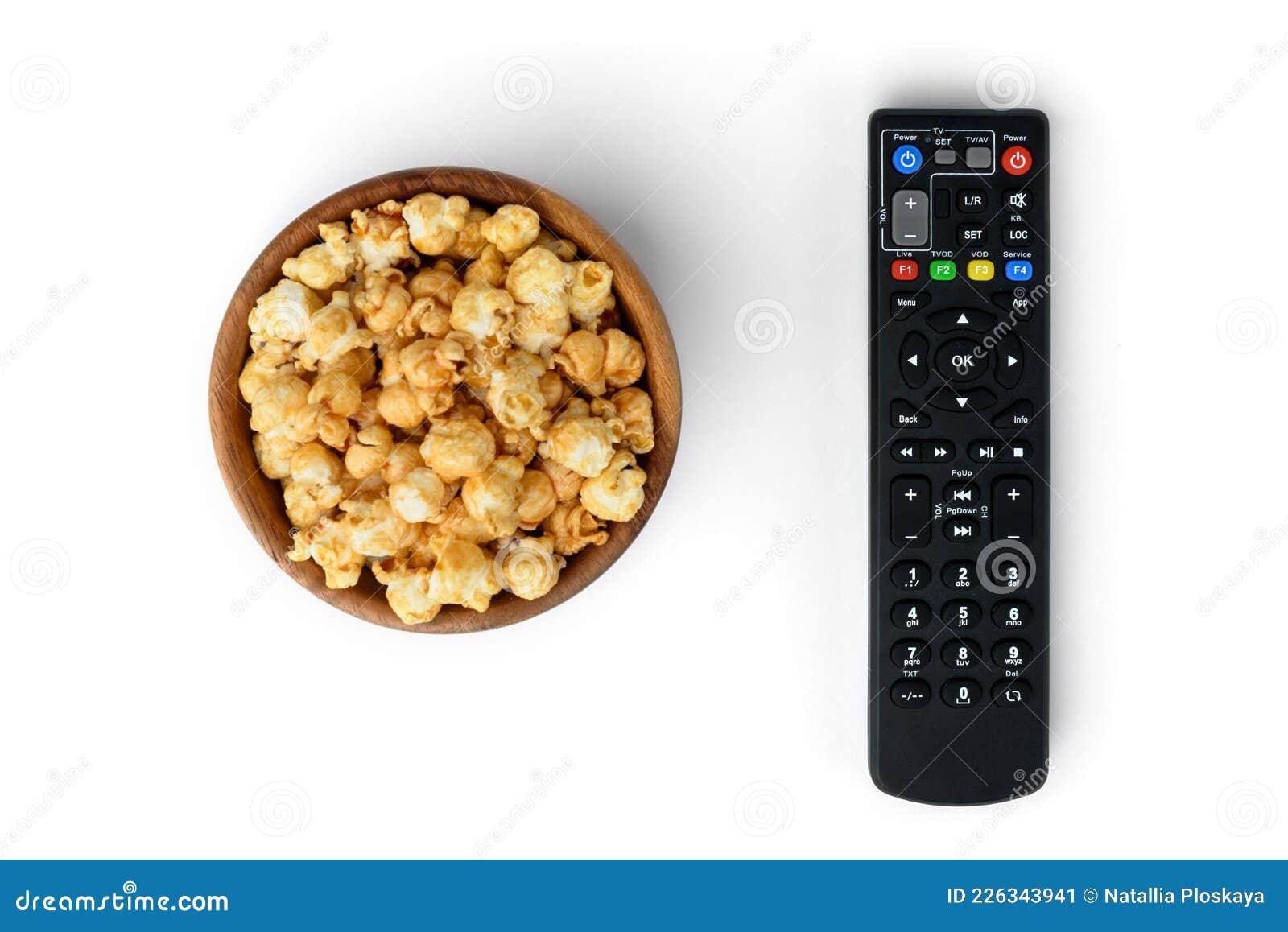 Popcorn and TV Remote Control Isolated on White Background. Stock Image ...