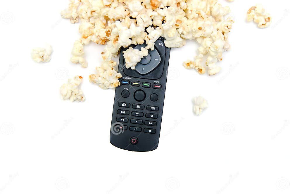 Popcorn and Tv Remote Control on White Background Stock Image - Image ...