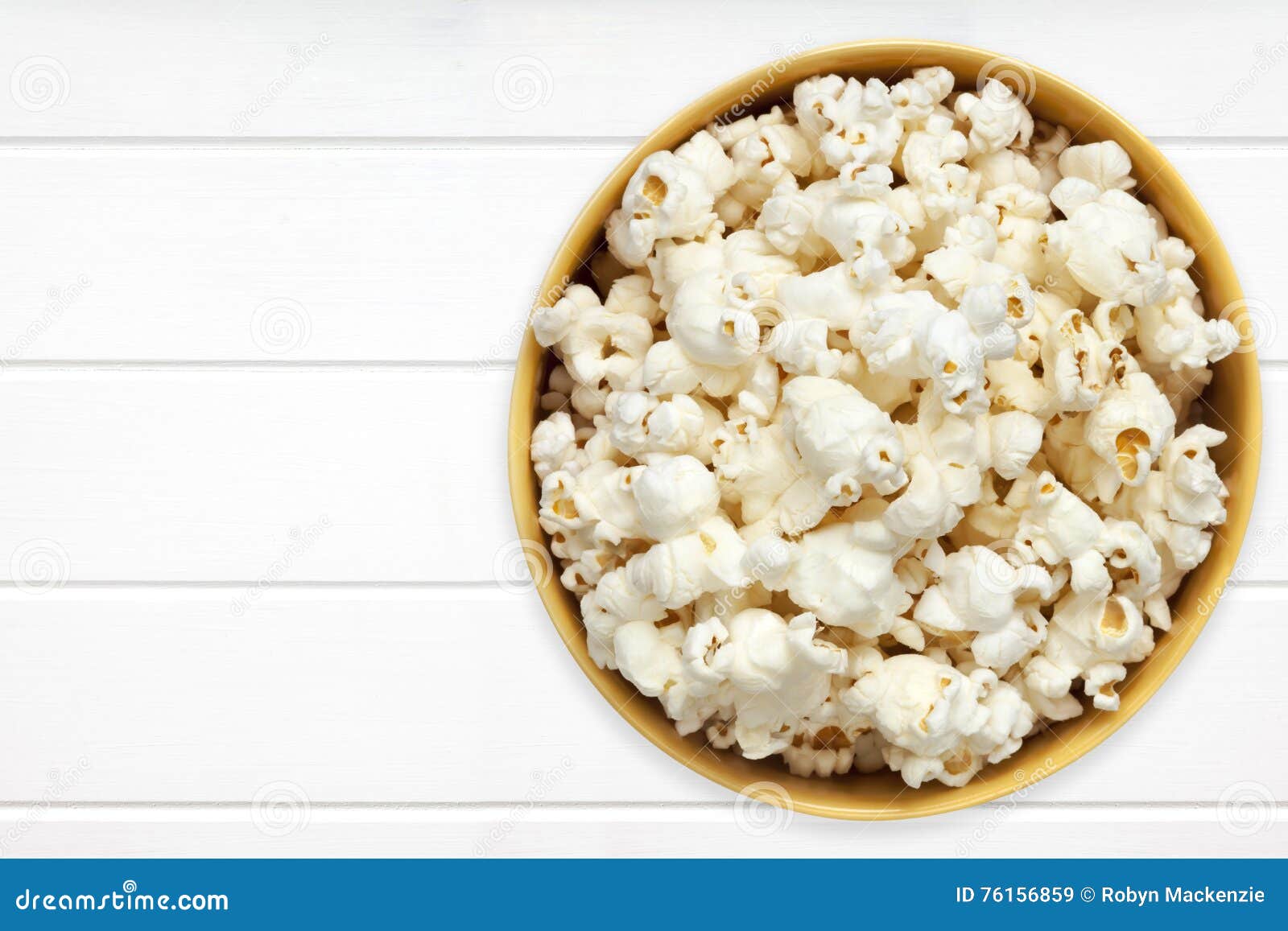 Popcorn in Yellow Bowl Over White Timber Top View Stock Image - Image ...