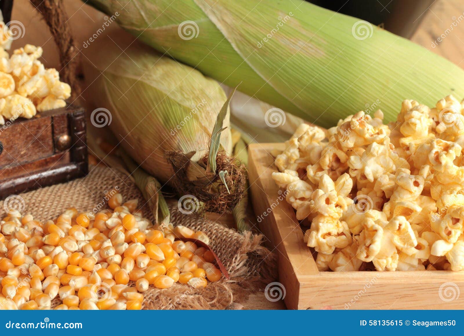 Popcorn and Yellow Dry Corn Grain with Fresh Corn. Stock Image - Image ...