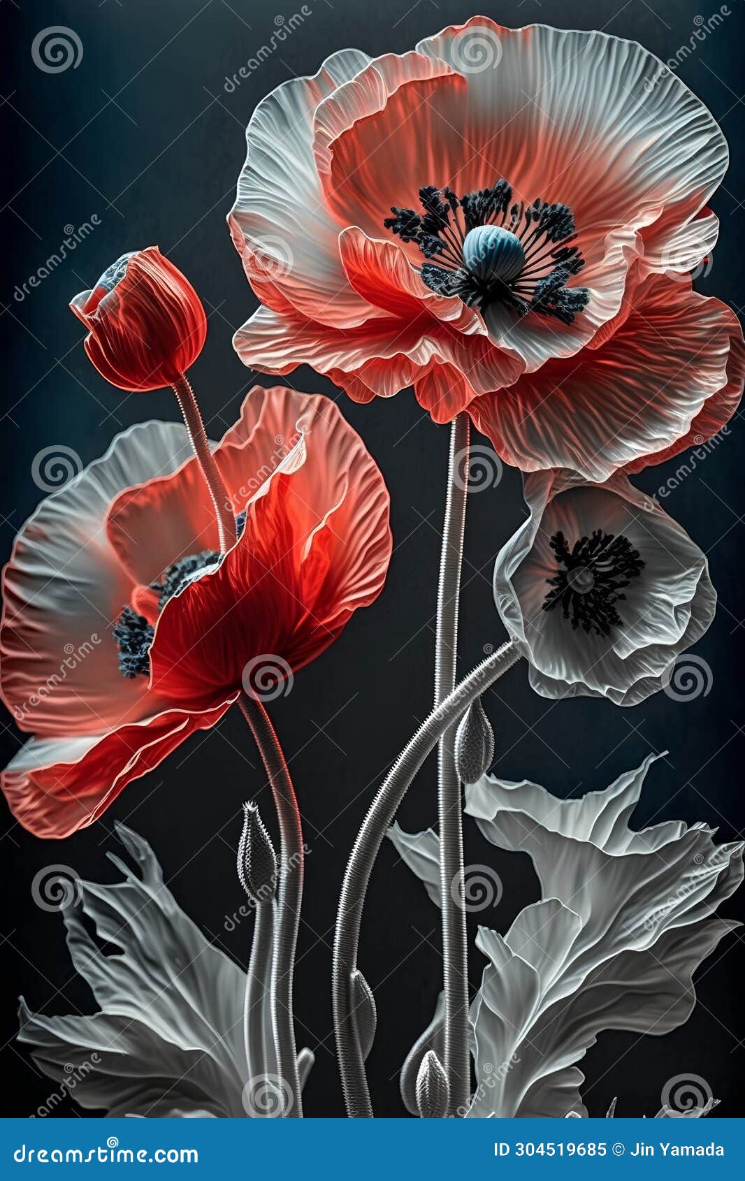 Poppies on a Black Background, Abstract Illustration, 3d Render Stock ...