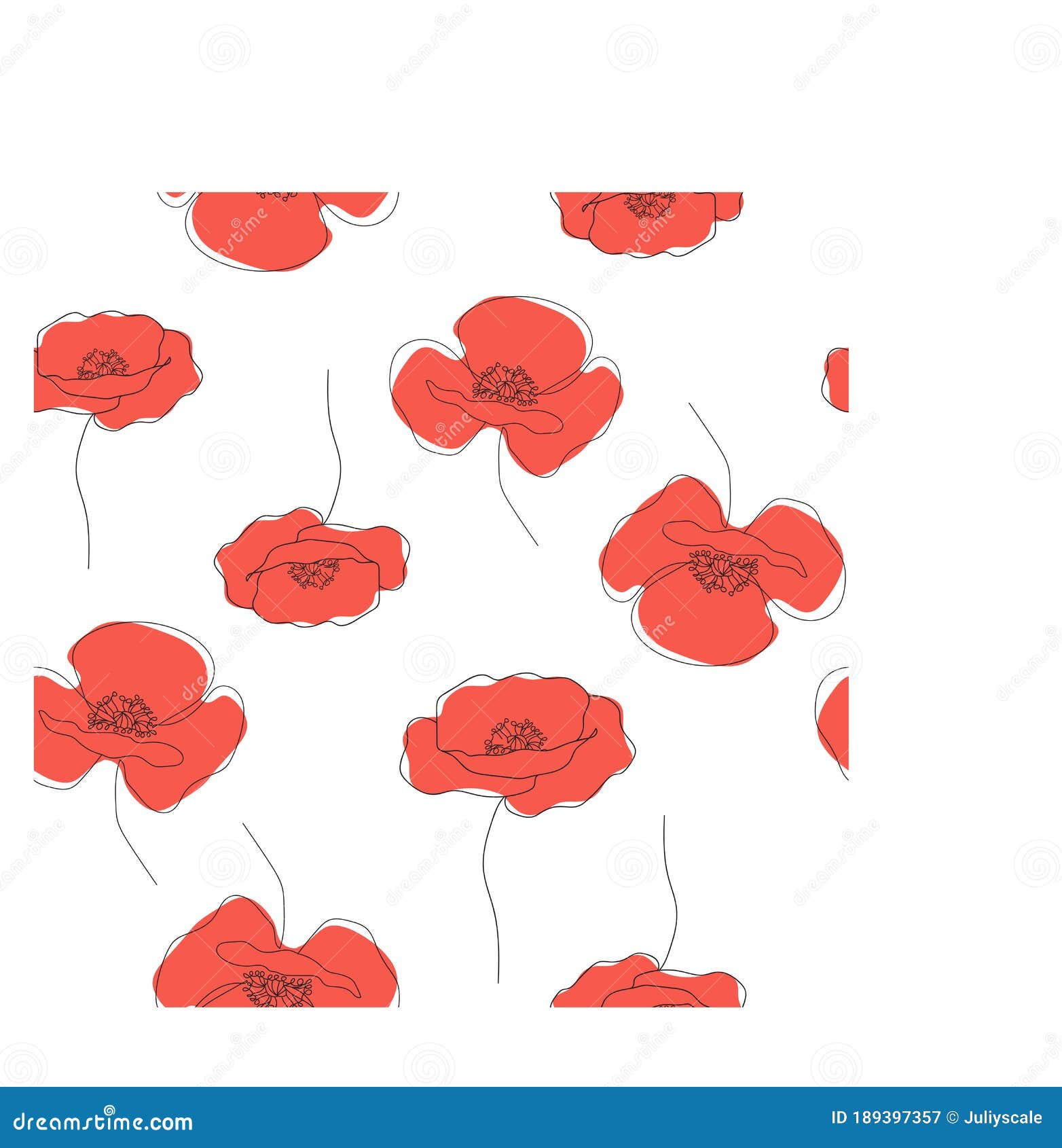 Poppies Continuous Line Drawing Seamless Texture Stock Vector