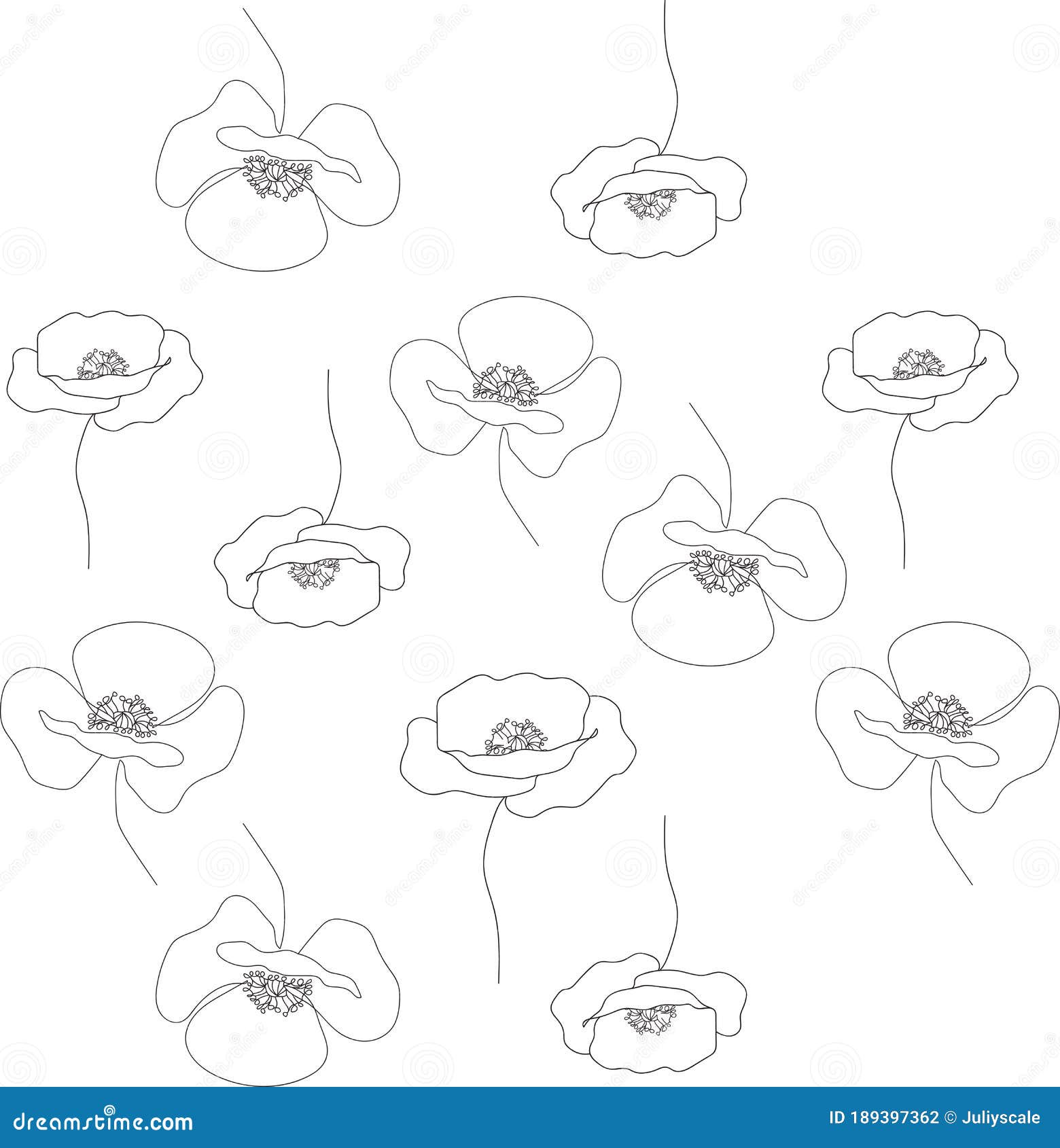 Poppies Continuous Line Drawing Seamless Texture Vector Illustration