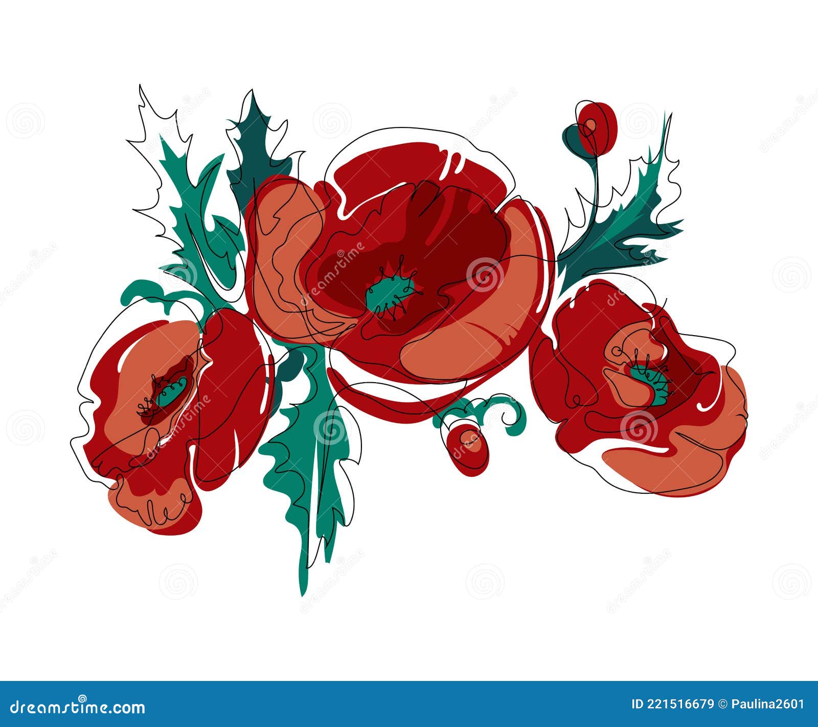 Poppies Continuous Line Drawing Seamless Texture Vector Illustration