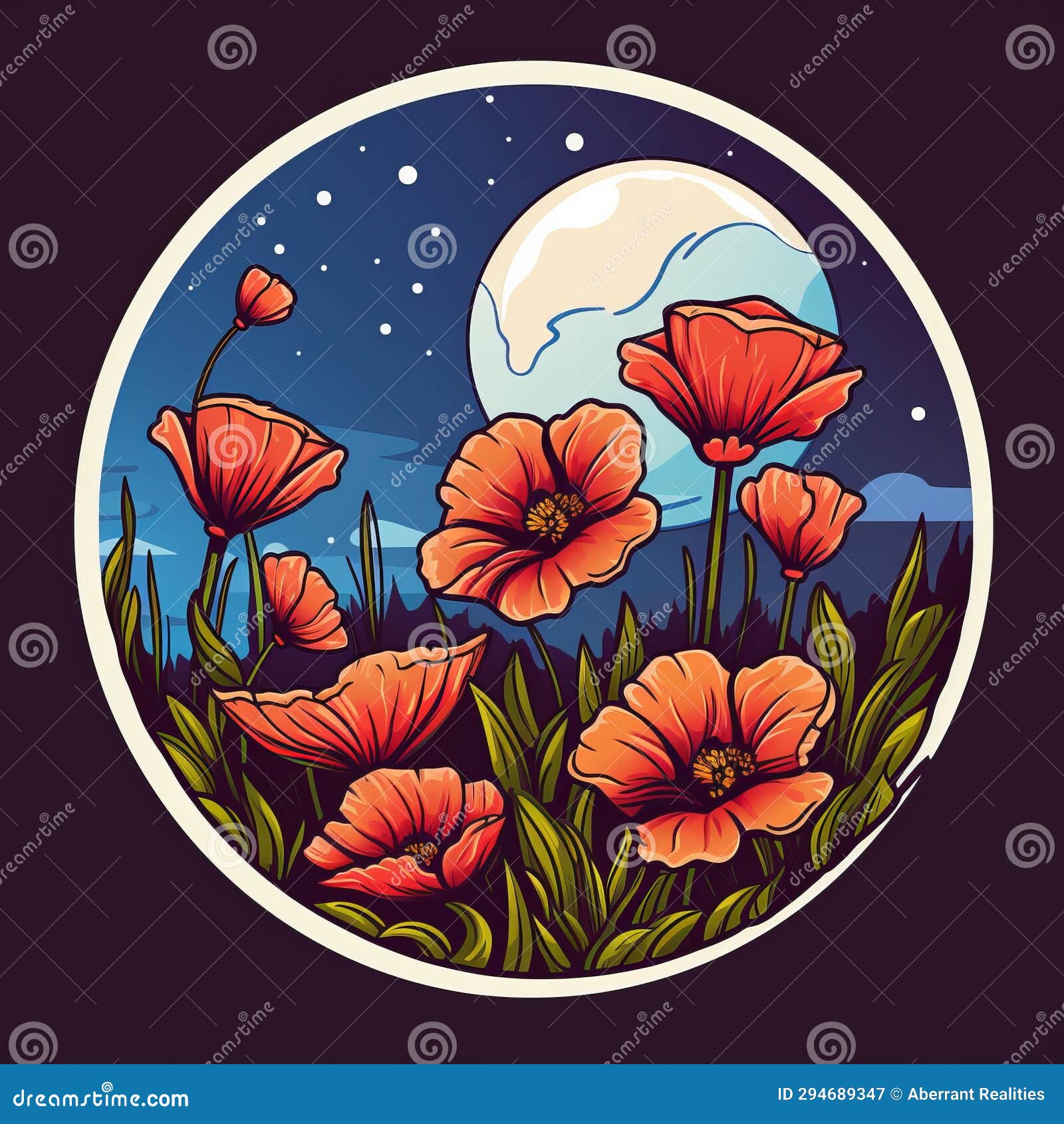 Poppies in the Field at Night with the Moon in the Background Stock ...