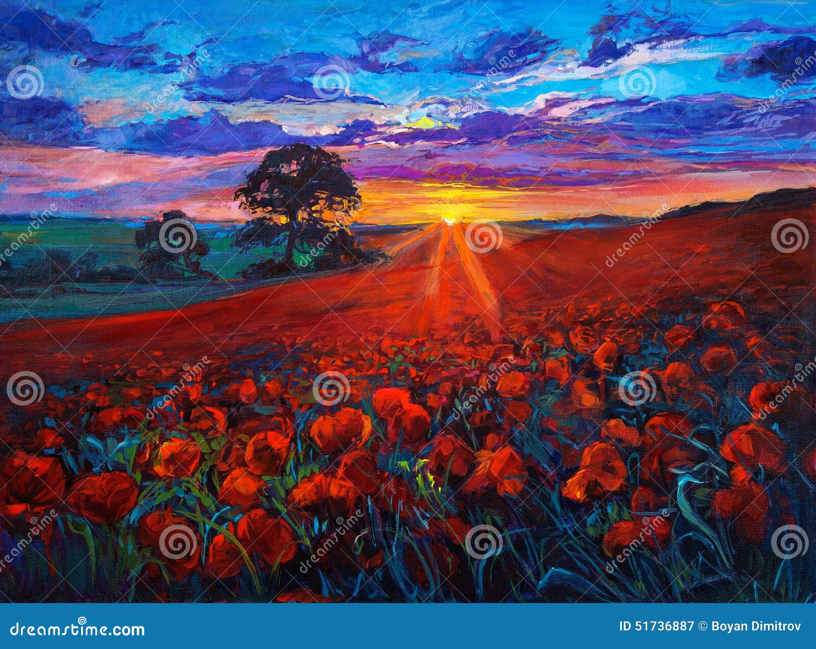 Poppy Fields ilustração stock. Ilustração de lona, céu - 51736887