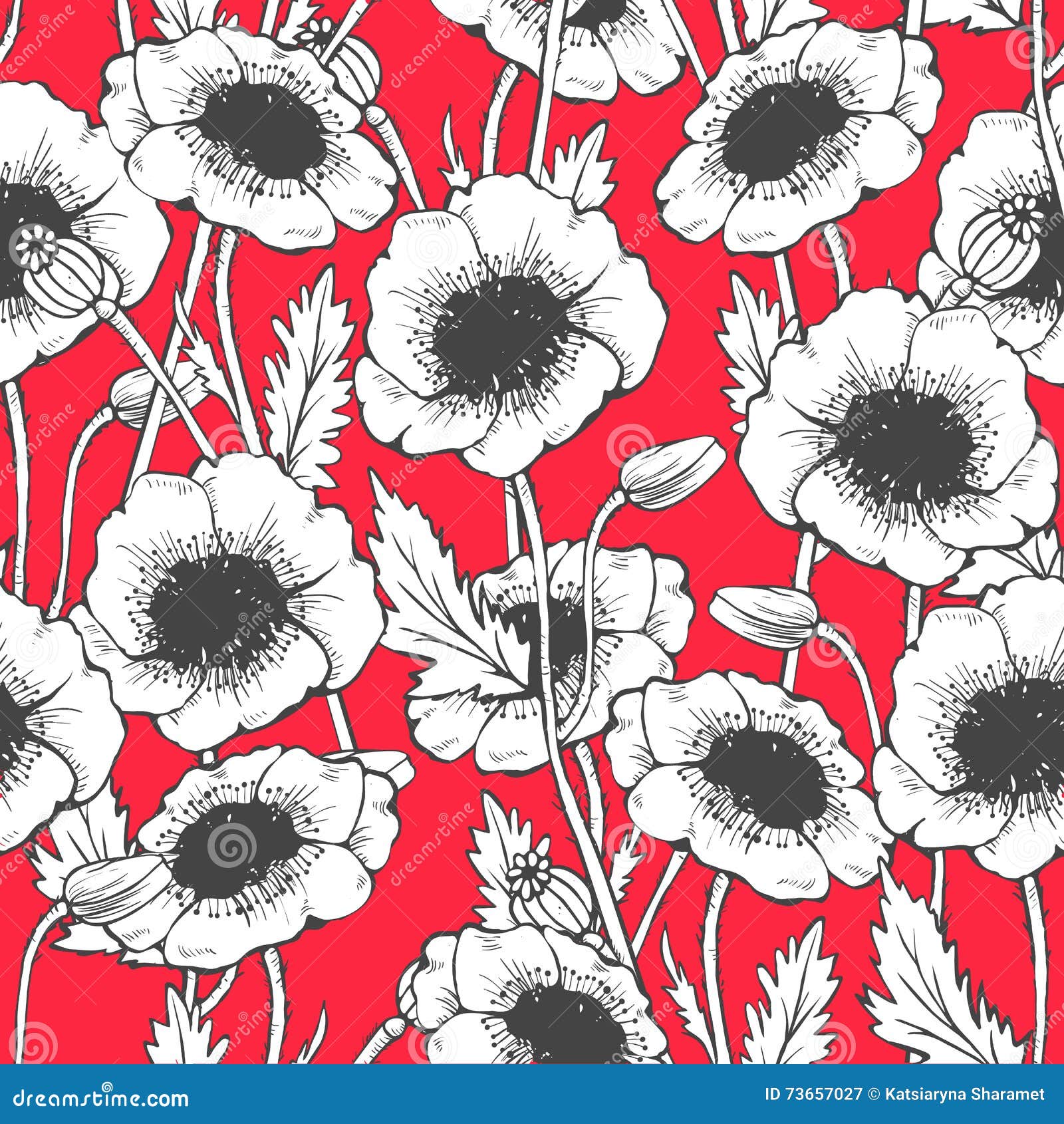 Poppy seamless pattern. stock vector. Illustration of leaf - 73657027