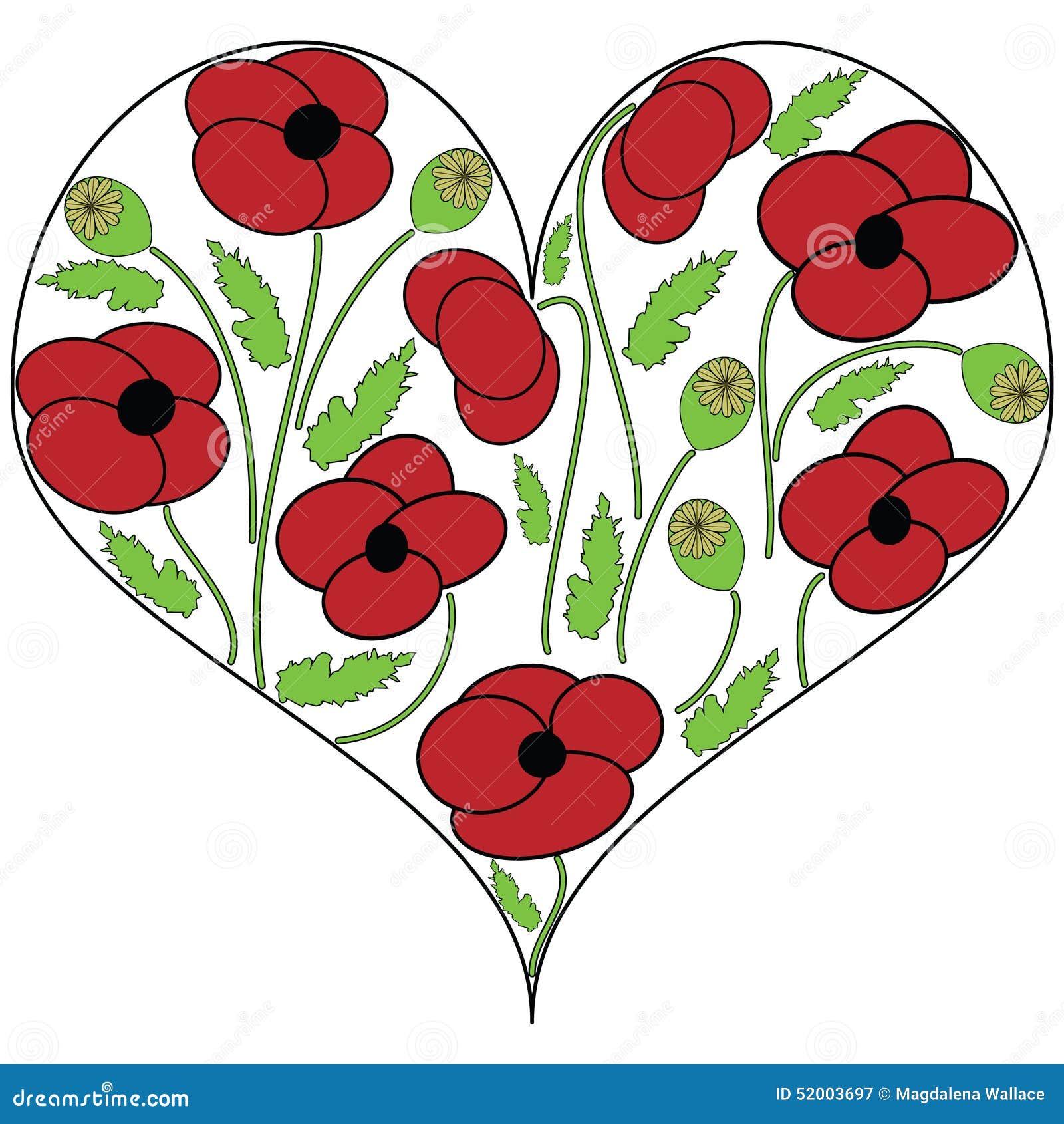 Poppy Seeds Flowers in the Heart Shape Stock Vector - Illustration of ...
