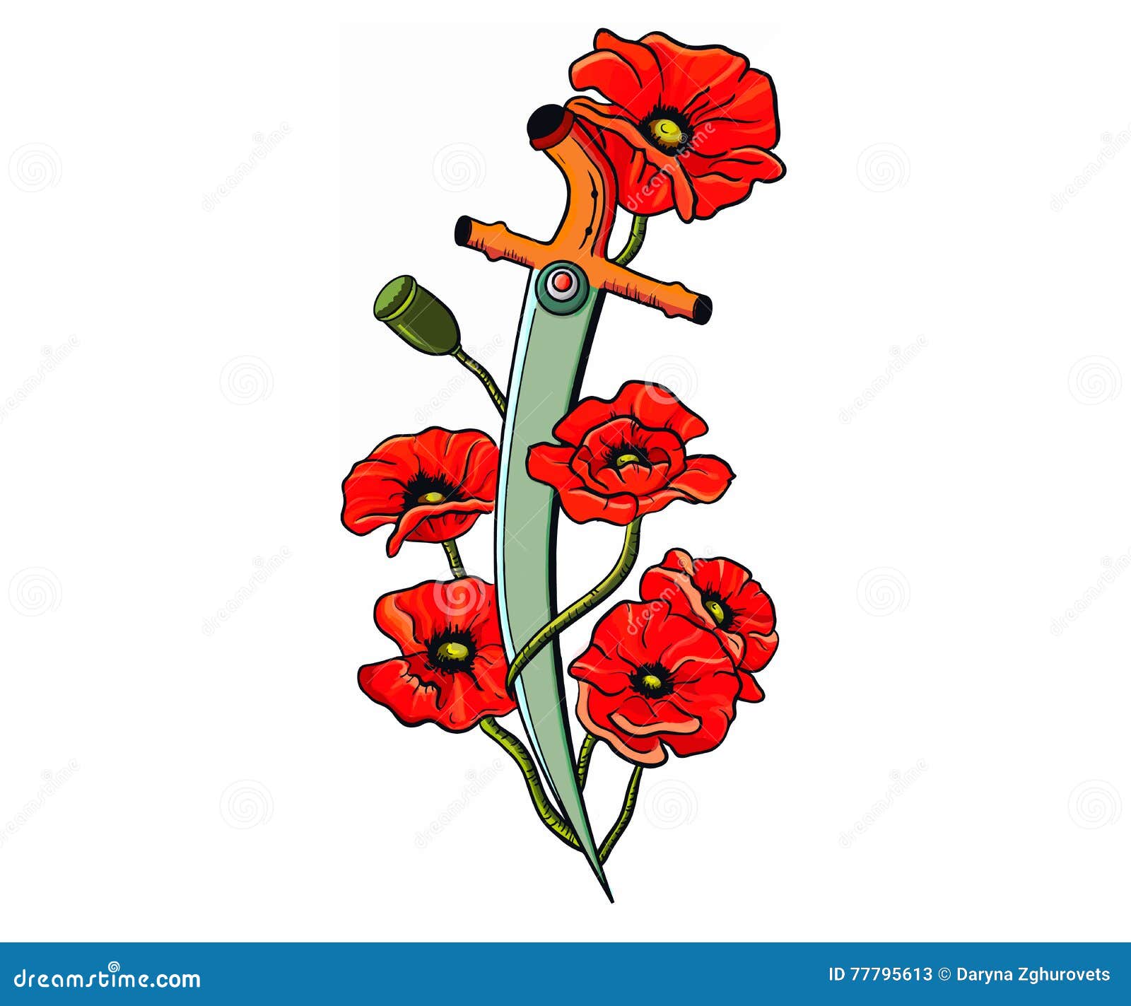 Poppy and Sword Hand Drawn Vector Stock Vector - Illustration of sword ...