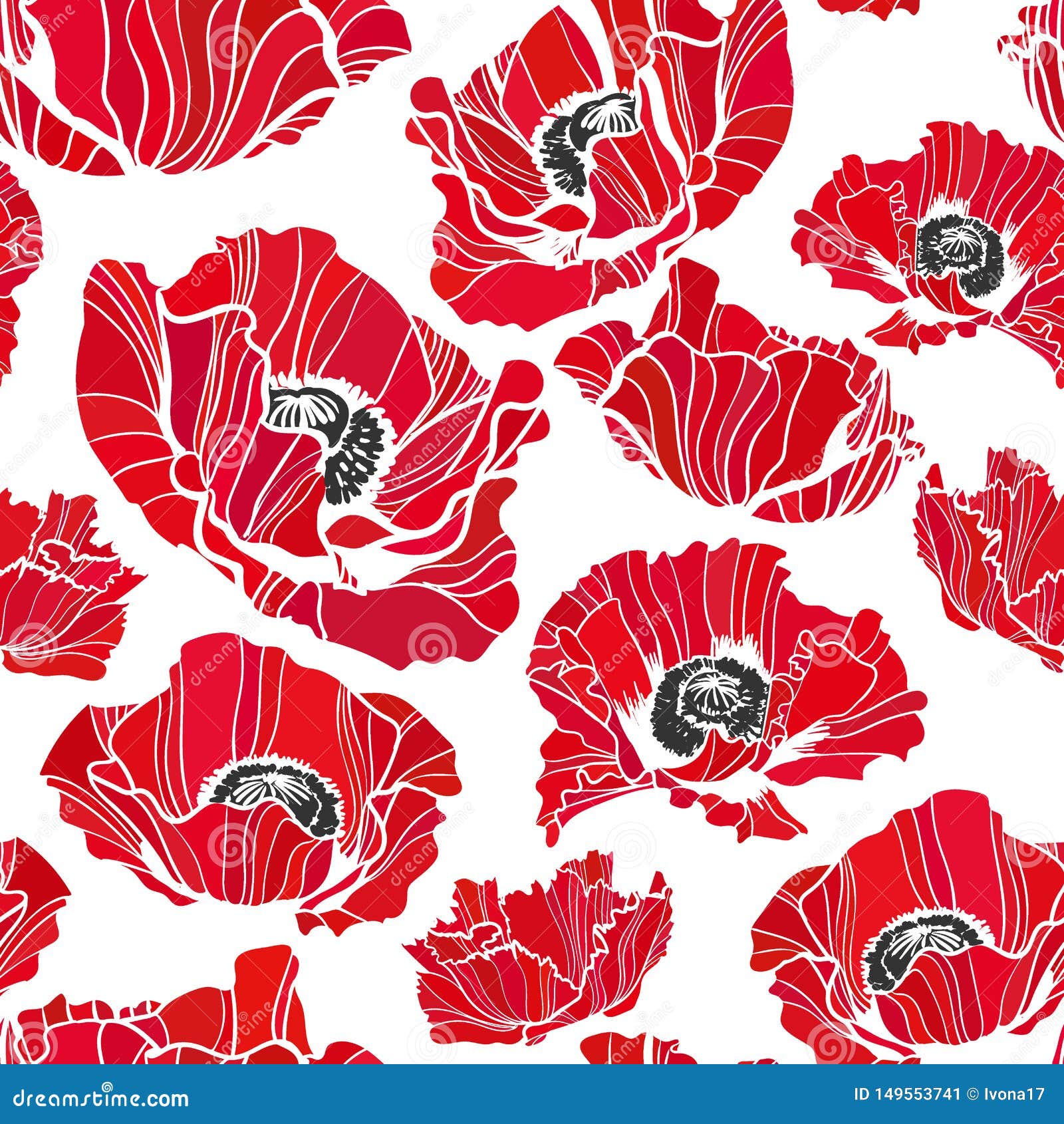 Poppy Vector Pattern Sketch Line White Black Red Stock Illustration ...