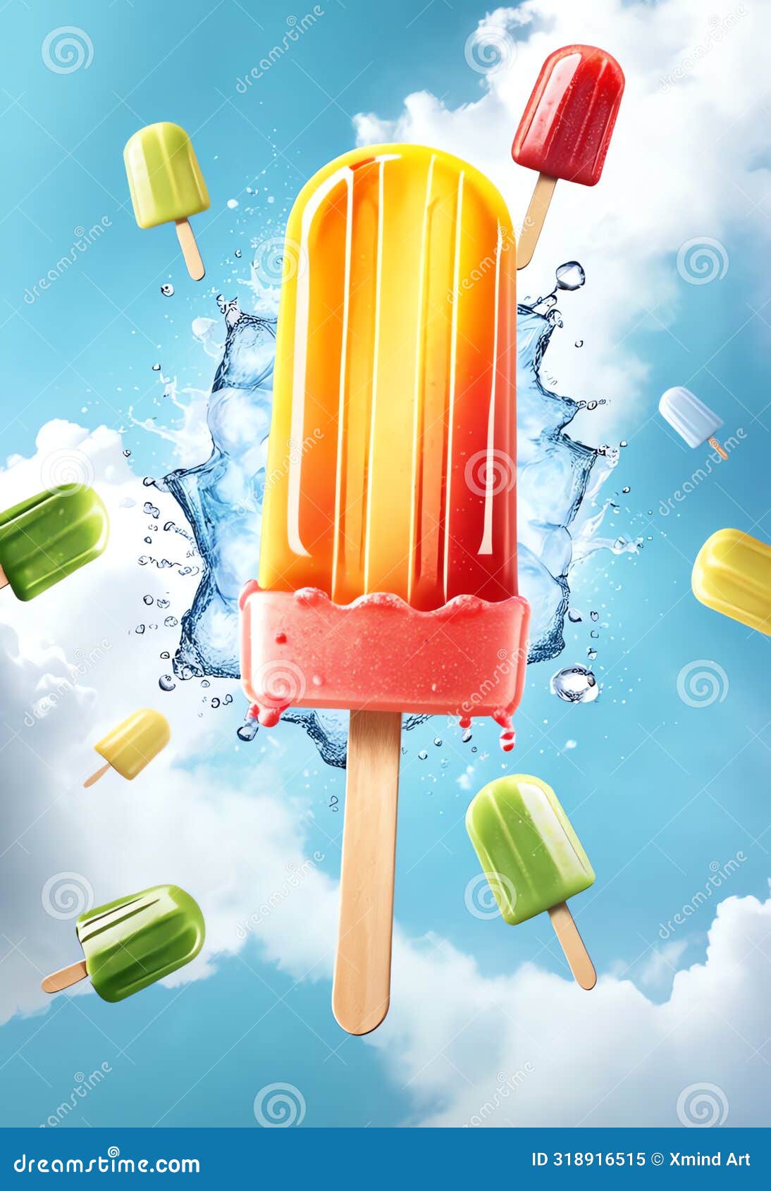 Popsicle Ice with Fluid Motion in Blue Sky Background Stock ...