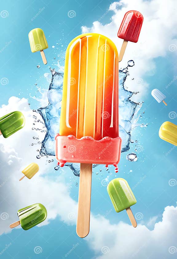 Popsicle Ice with Fluid Motion in Blue Sky Background Stock ...