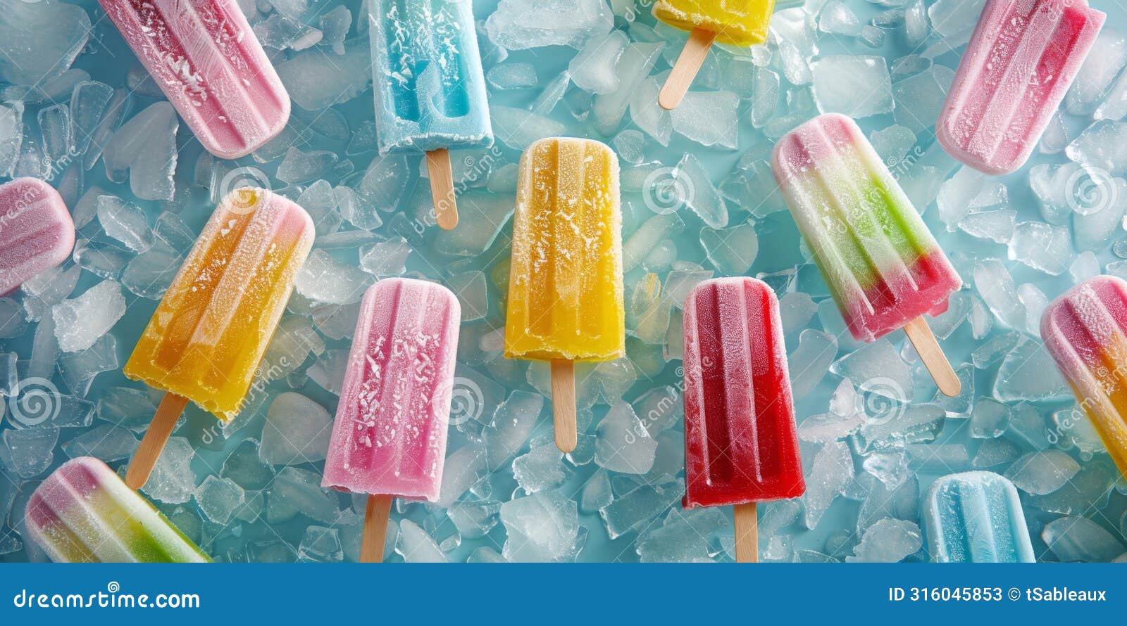 Popsicles of Different Colors and Ice on Light Blue Background Stock ...