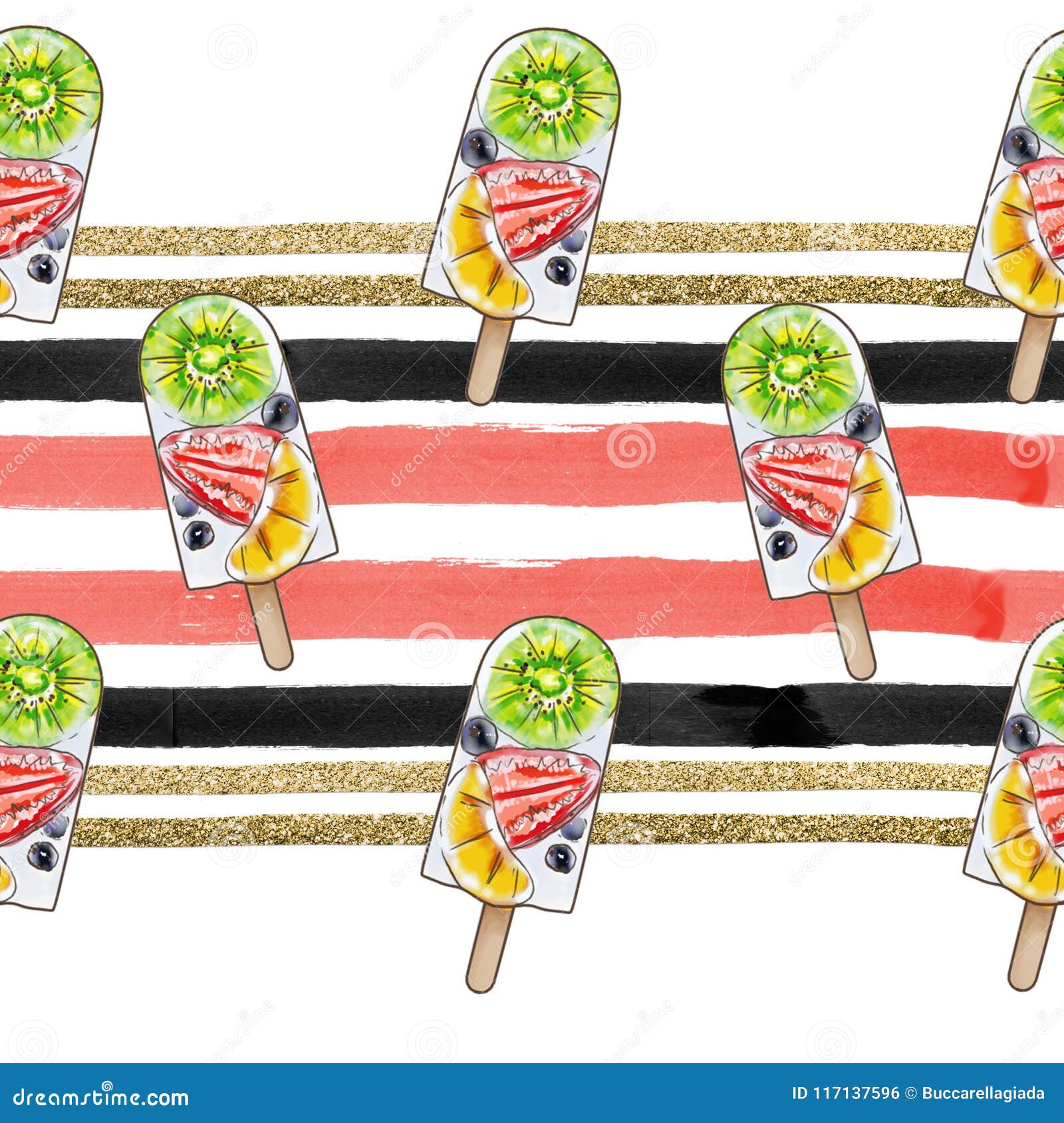 Seamless Pattern - Popsicles Fruit on Watercolor Stripes Stock ...