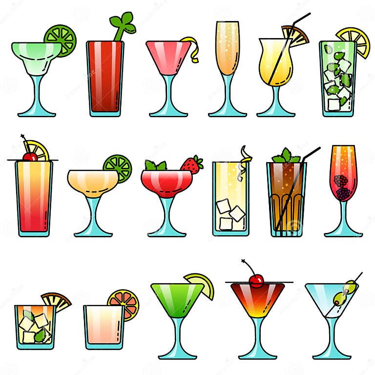 Popular Alcohol Cocktail Drink Icon Set Vector Illustration Clipart