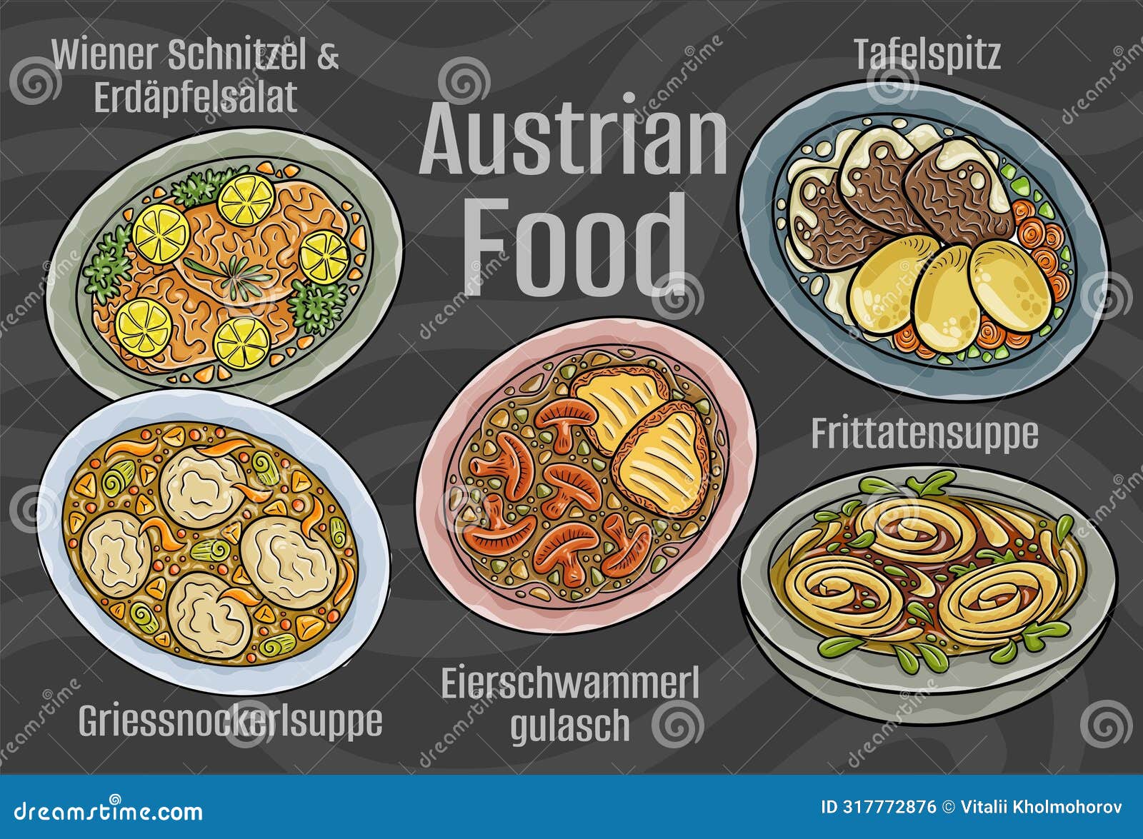 Popular Austrian National Cuisine Set. Hand-drawn Vector Illustration ...