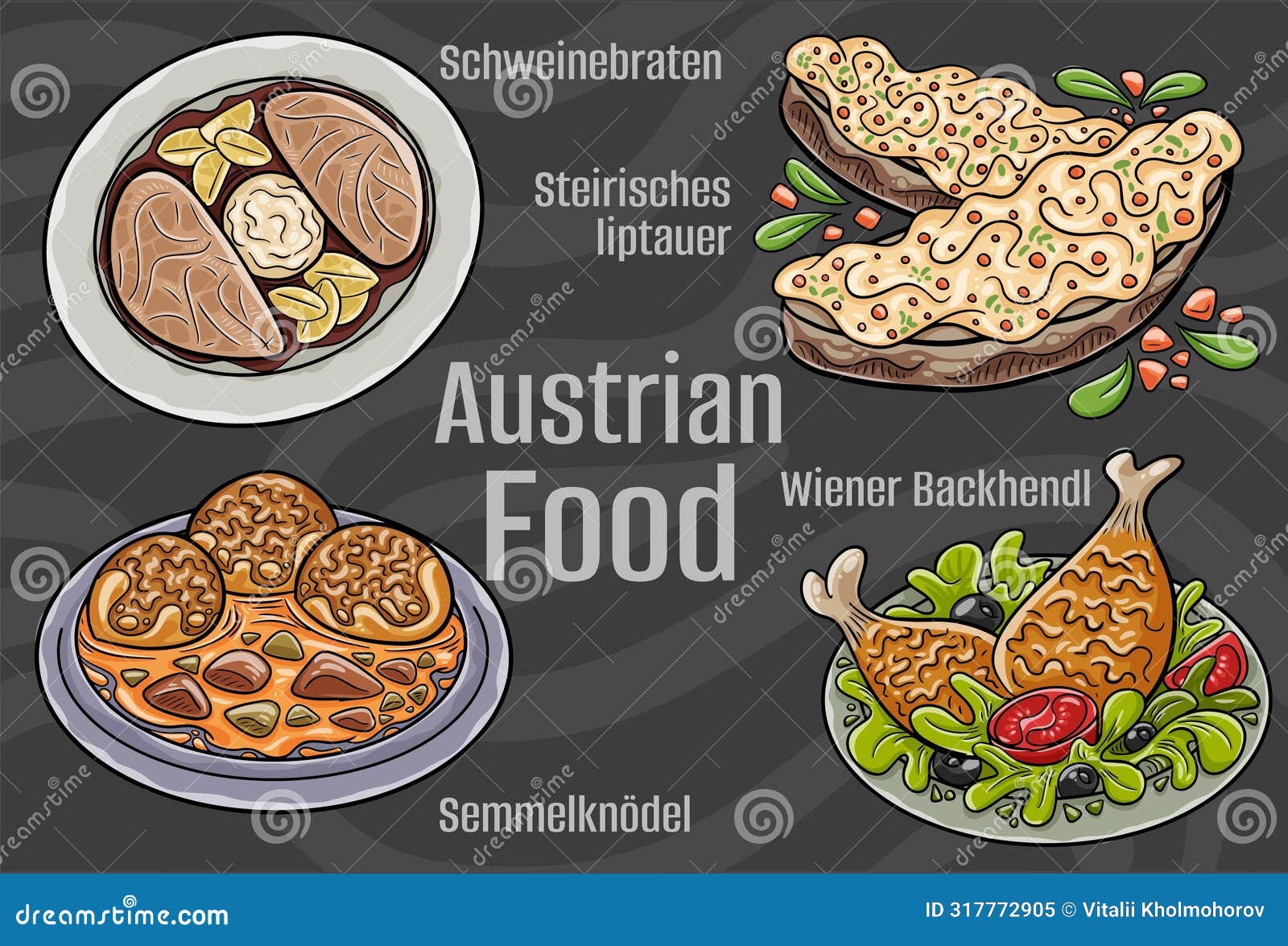 Popular Austrian National Cuisine Set. Hand-drawn Vector Illustration ...