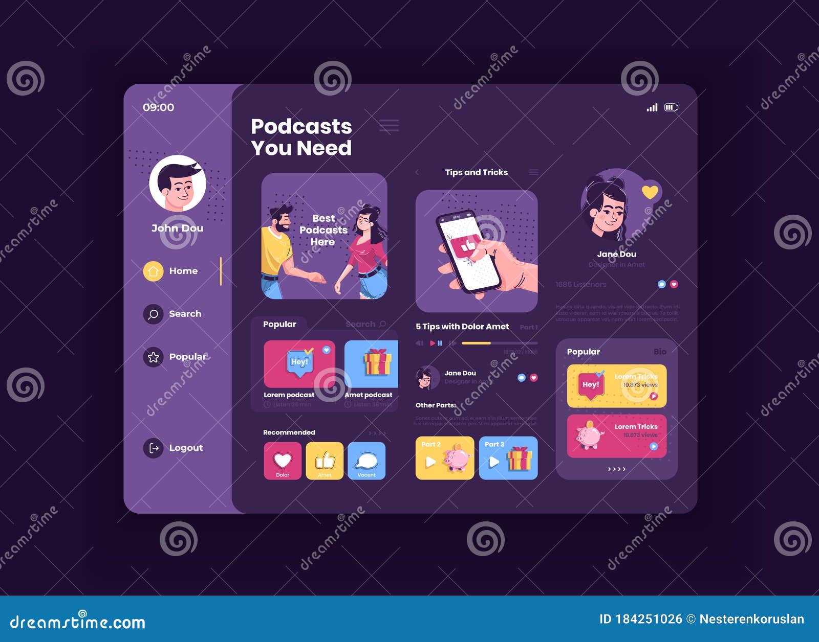Popular Podcasts Tablet Interface Vector Template Stock Vector ...