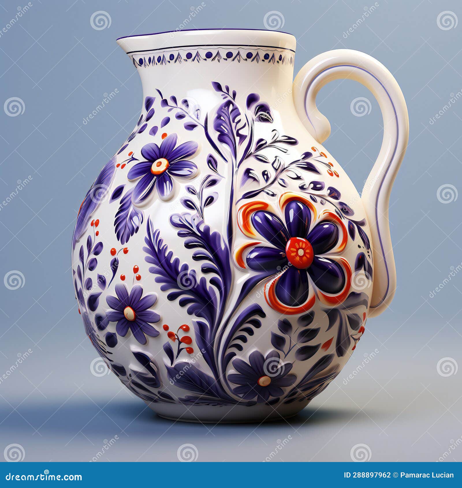 Porcelain Jug with Floral Pattern on a Blue Background. Stock ...