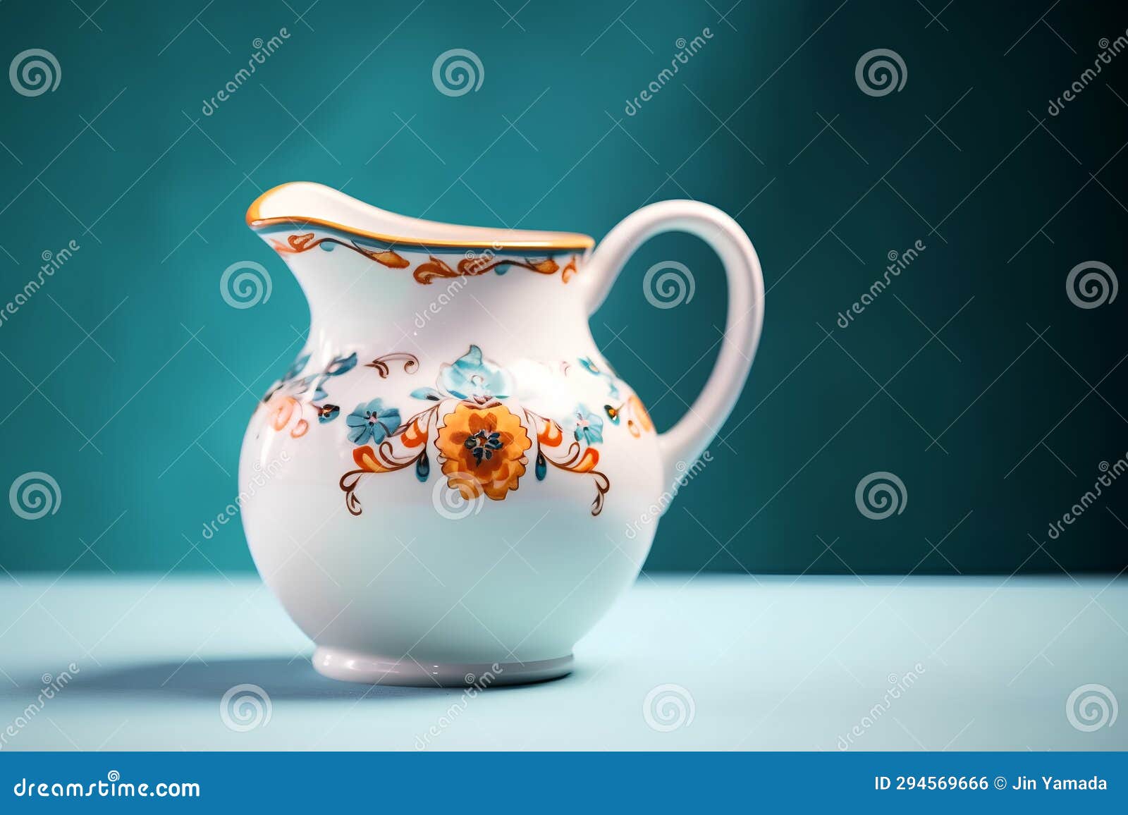 Porcelain Jug with Floral Pattern on a Blue Background. Stock ...