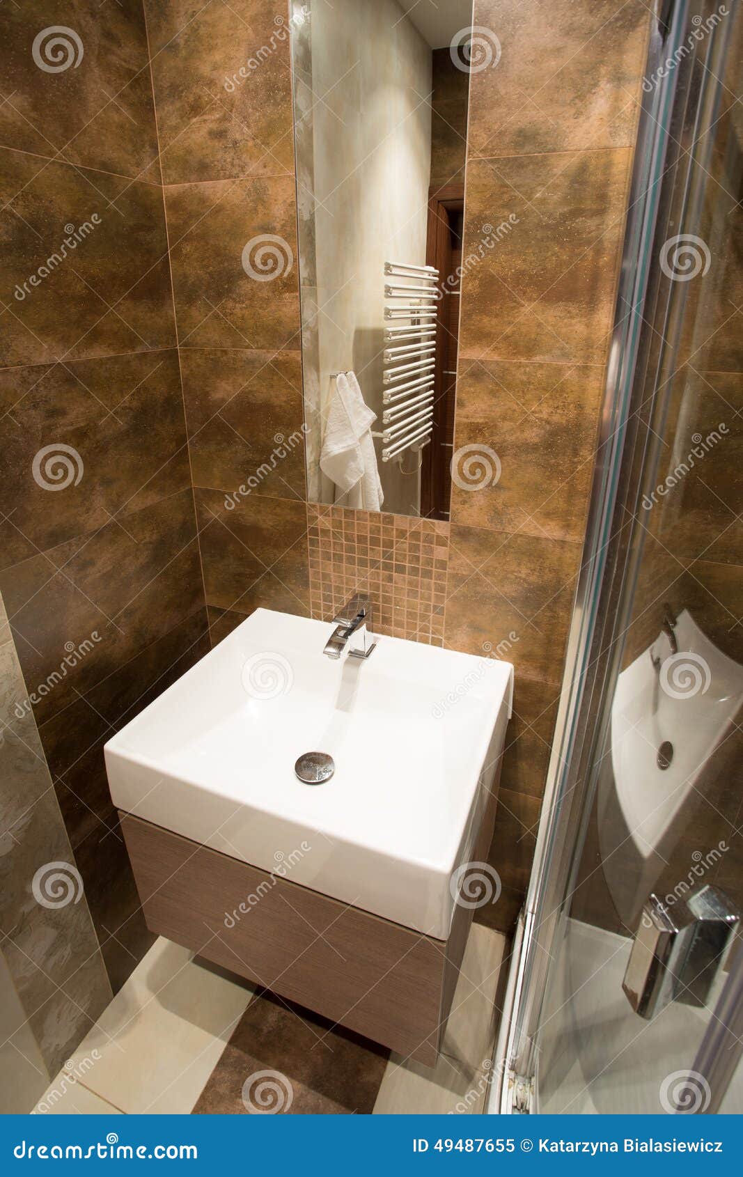 Porcelain Sink Inside Small Bathroom Stock Image - Image of designed ...