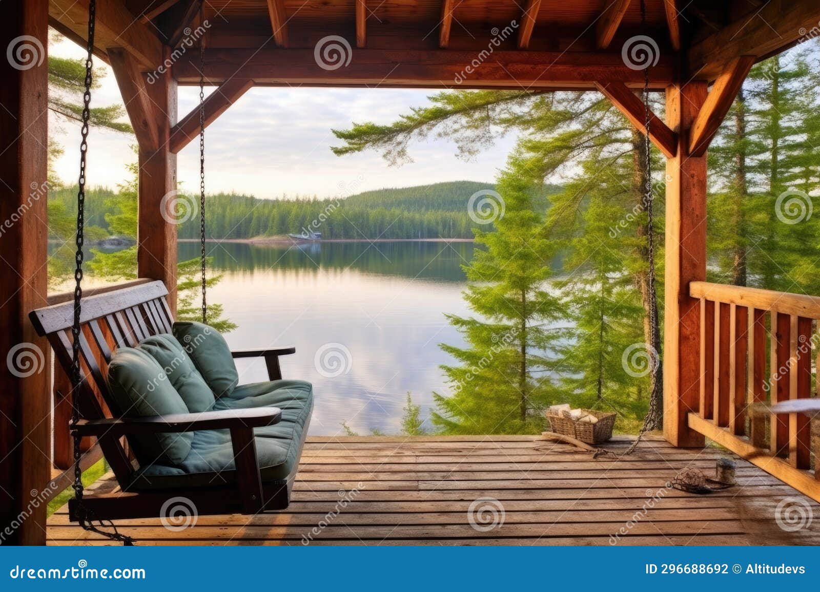 Porch Swing on Rustic Cabin Overlooking a Lake Stock Photo - Image of ...