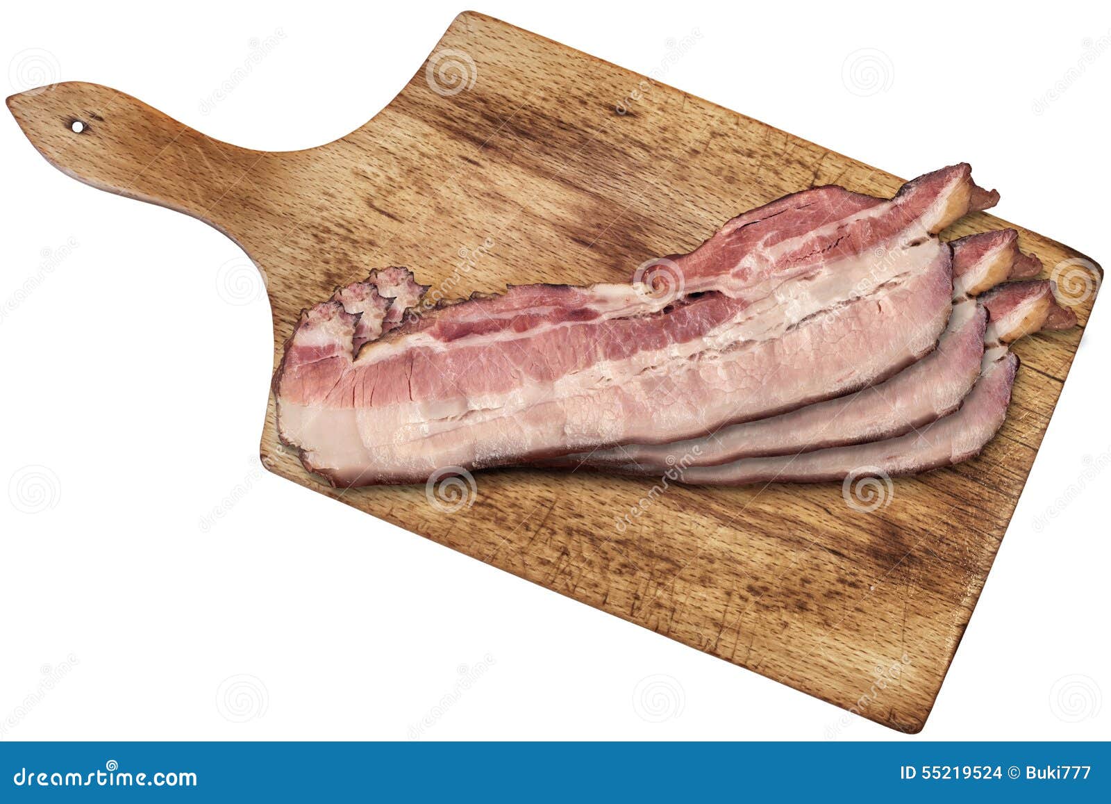 Bacon Rashers Set on Old Wooden Cutting Board Isolated on White ...