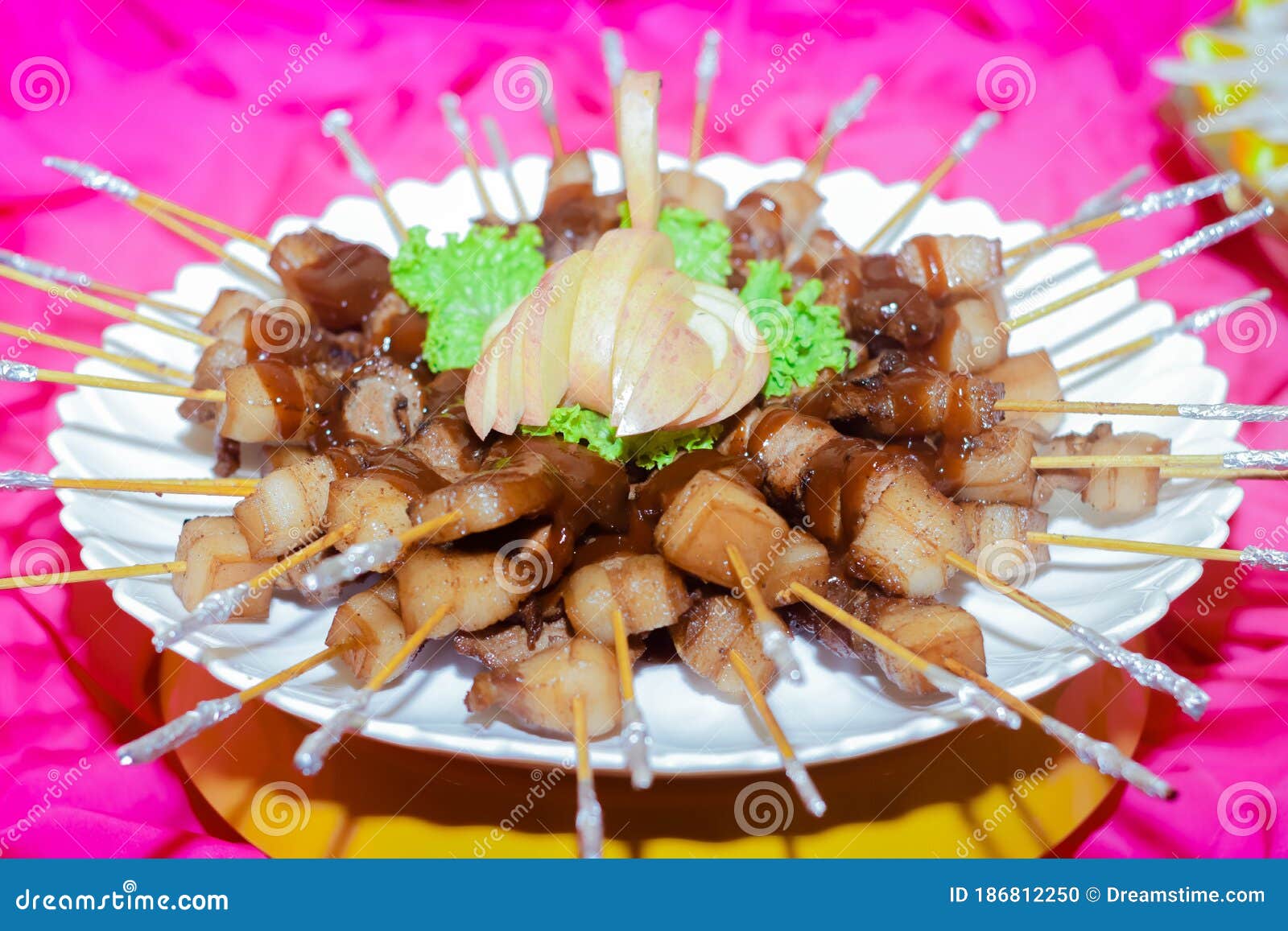 Pork barbeque in the plate stock photo. Image of noodle - 186812250