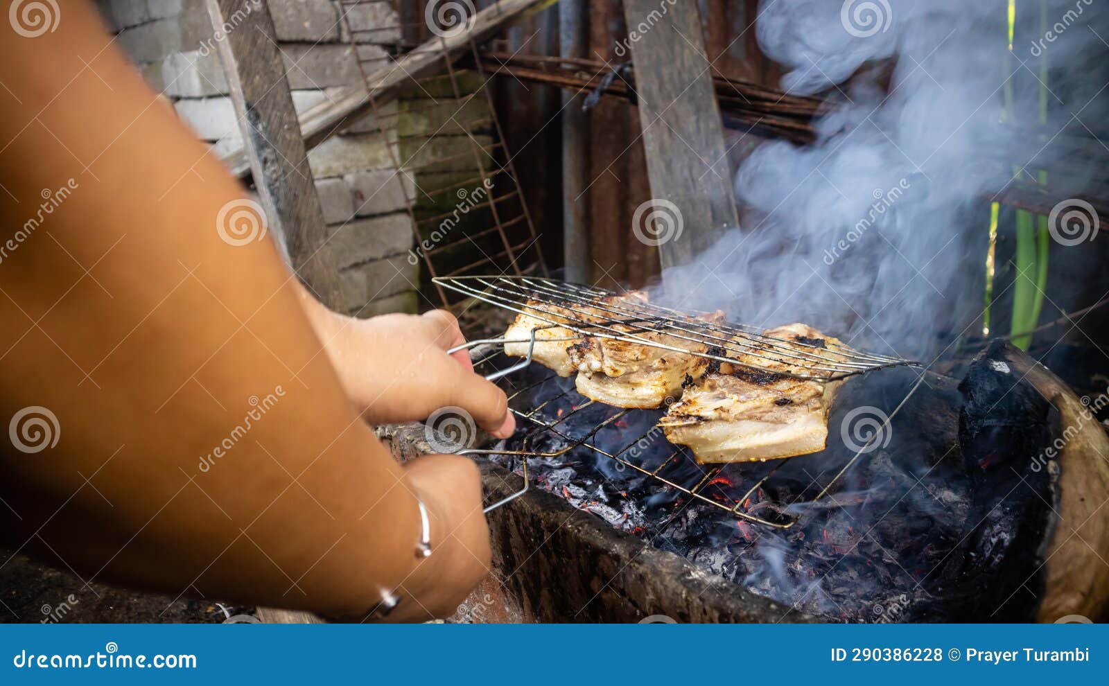 Pork Being Grilled on a Traditional Grill Stock Photo - Image of ...