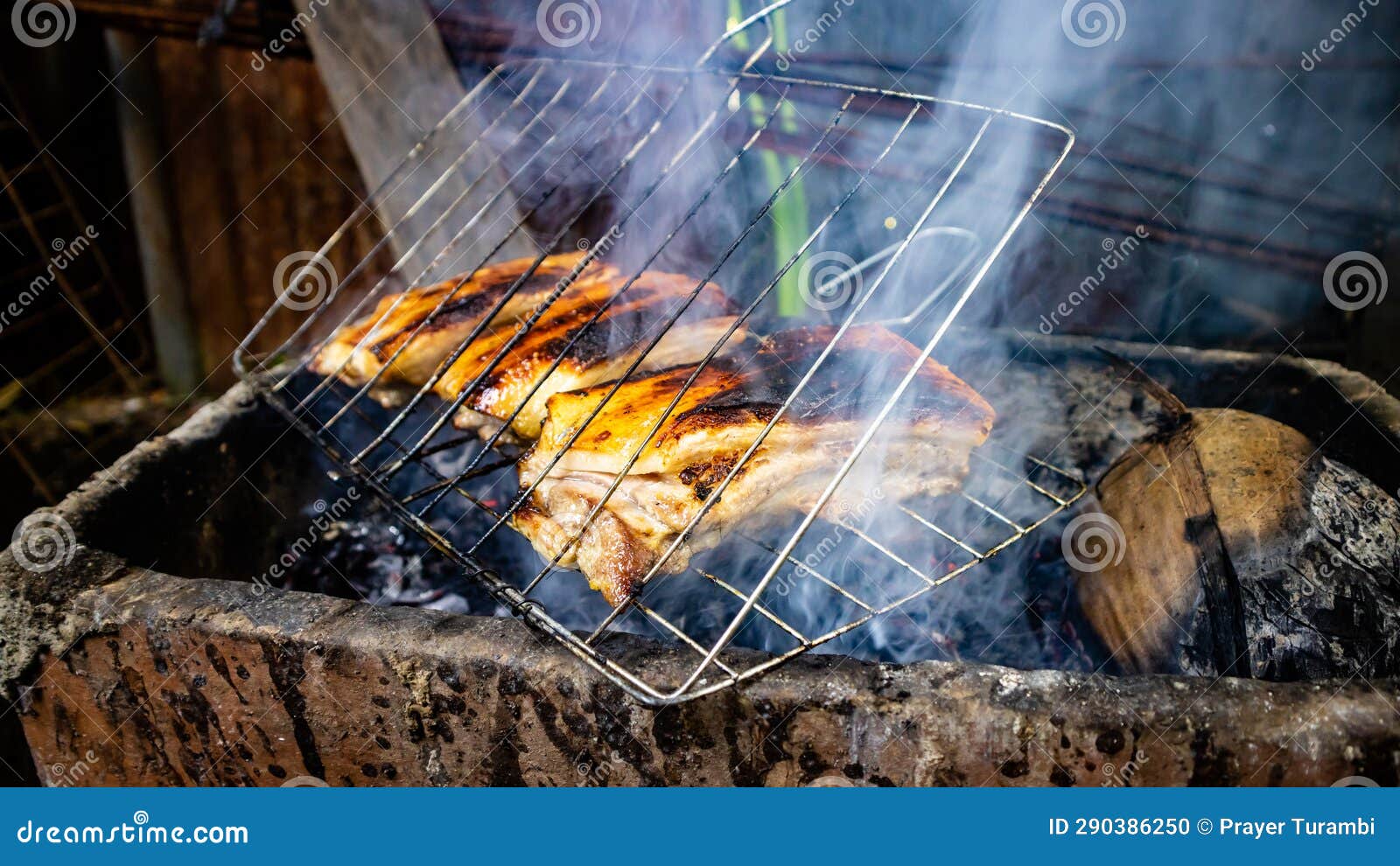 Pork Being Grilled on a Traditional Grill Stock Photo - Image of ...