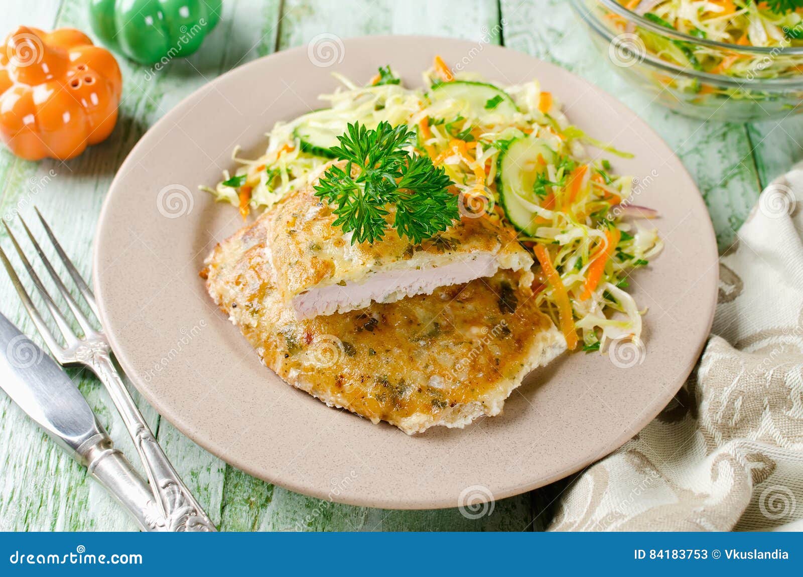 Pork Chop in Batter with Vegetable Salad Stock Image - Image of ...