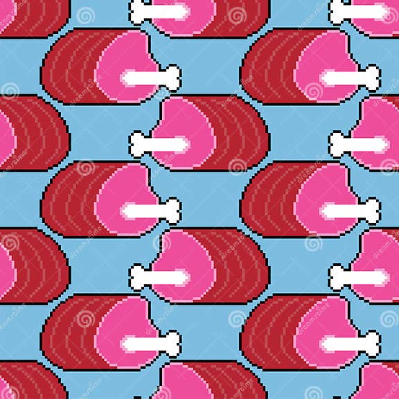 Pork Ham Pixel Art Pattern Seamless. Bone Meat 8 Bit Background Stock ...