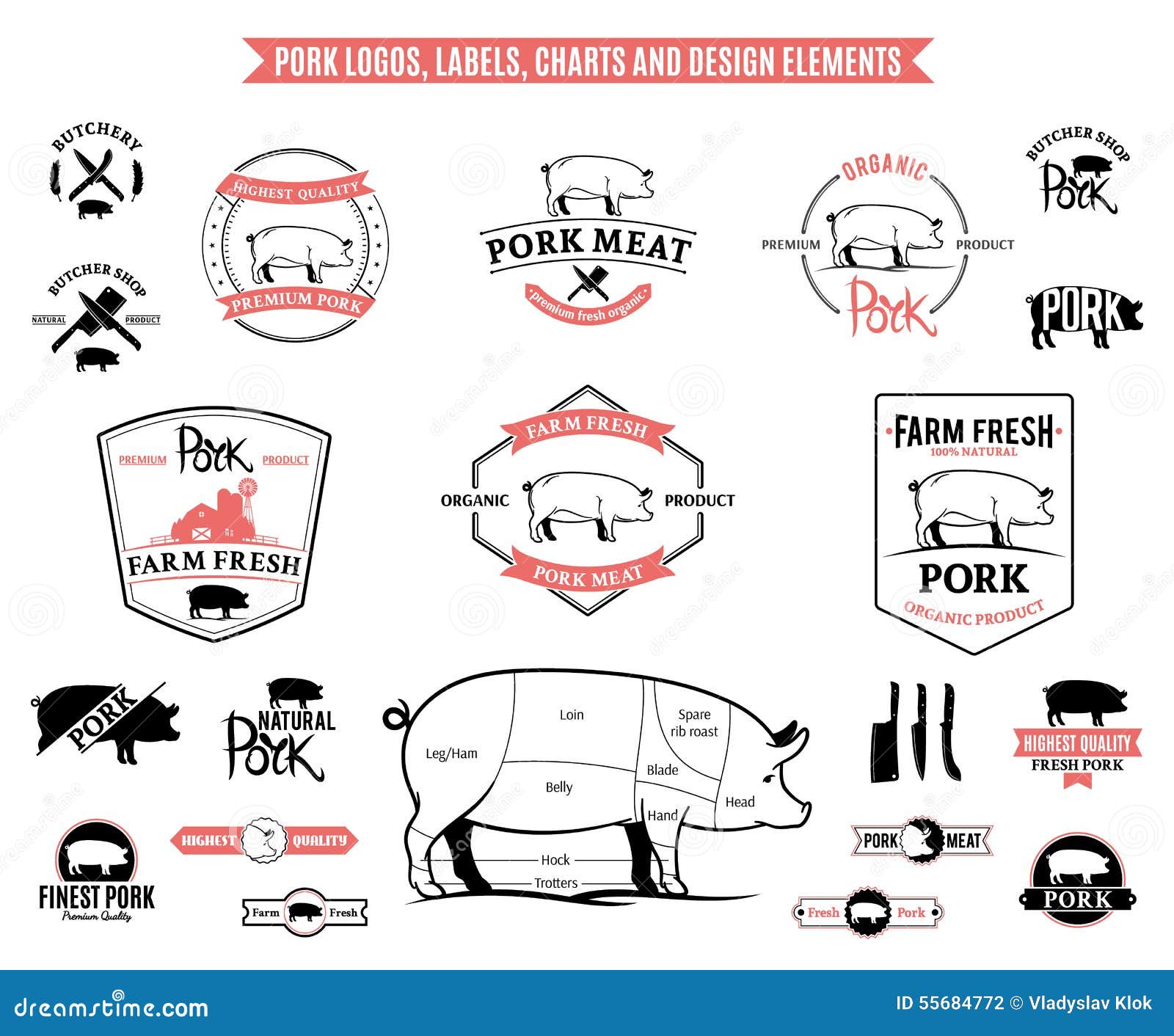 Pork Logos, Labels, Charts and Design Elements Stock Vector ...