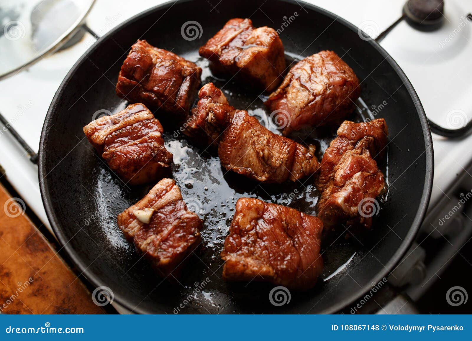 Pork ribs fried in a pan. stock photo. Image of meat - 108067148