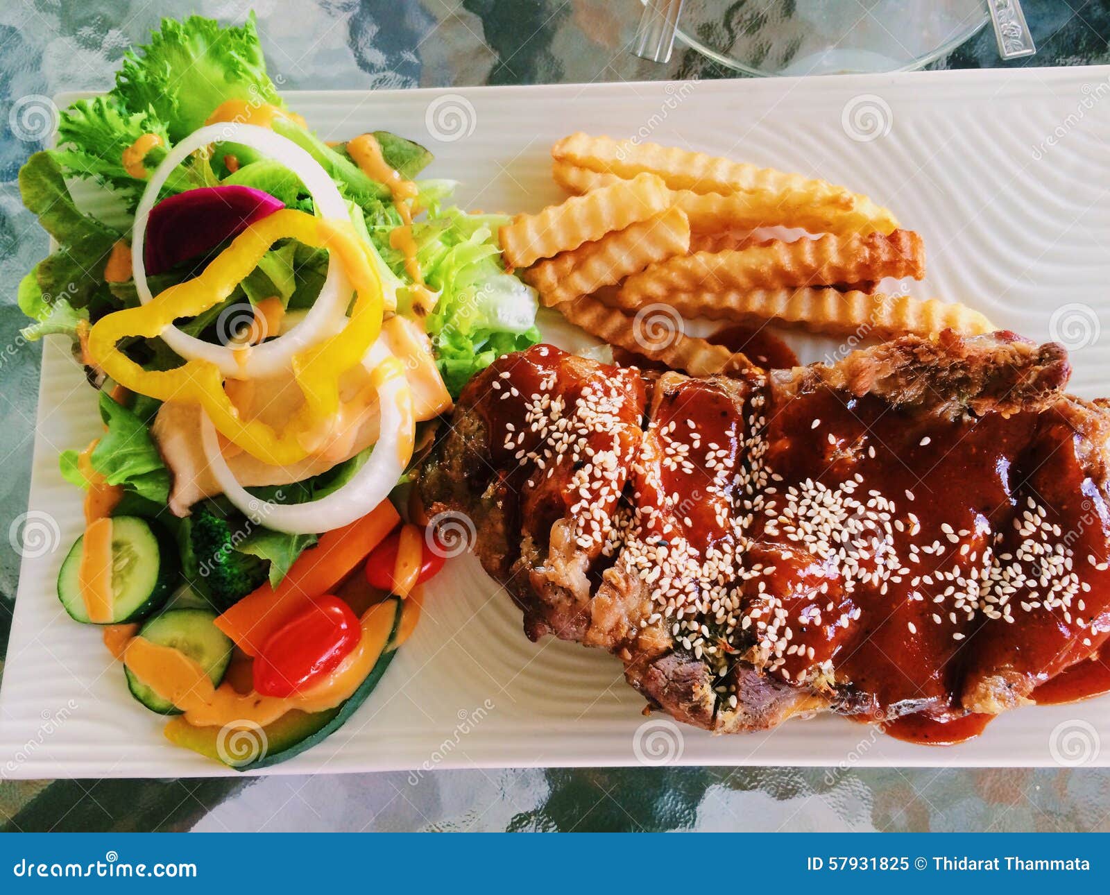 Pork ribs Steak stock image. Image of sauce, salad, beef - 57931825