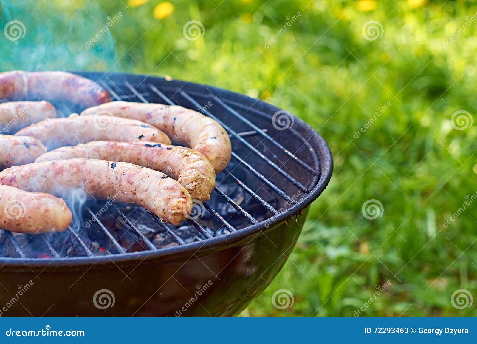 Pork Sausages on Barbecue Grill in Spring Stock Photo - Image of pork ...