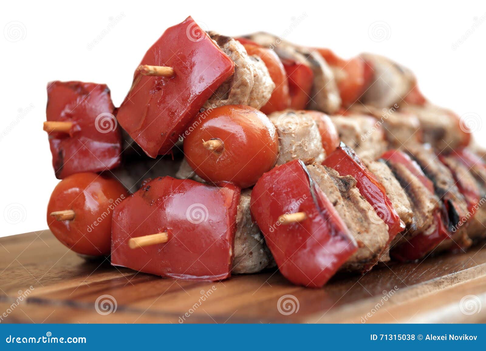 Pork Skewered Kebab in Stack on Wood Board White Isolated Stock Photo ...