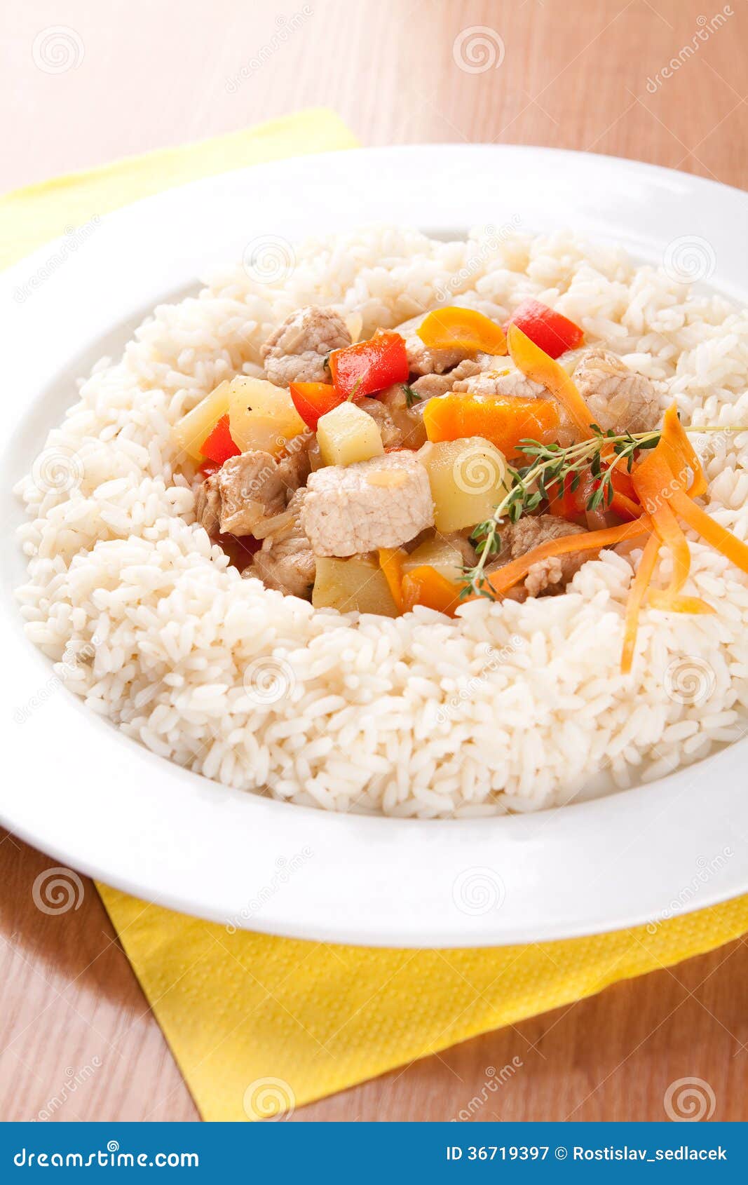 Pork with Vegetables, Garlic and Rice Stock Image - Image of ...