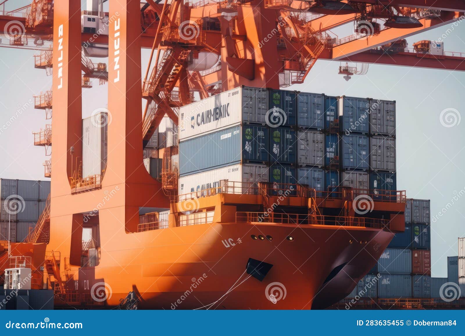 Port Cargo Terminal, Transport Hub. Huge Industrial Cranes Loading ...