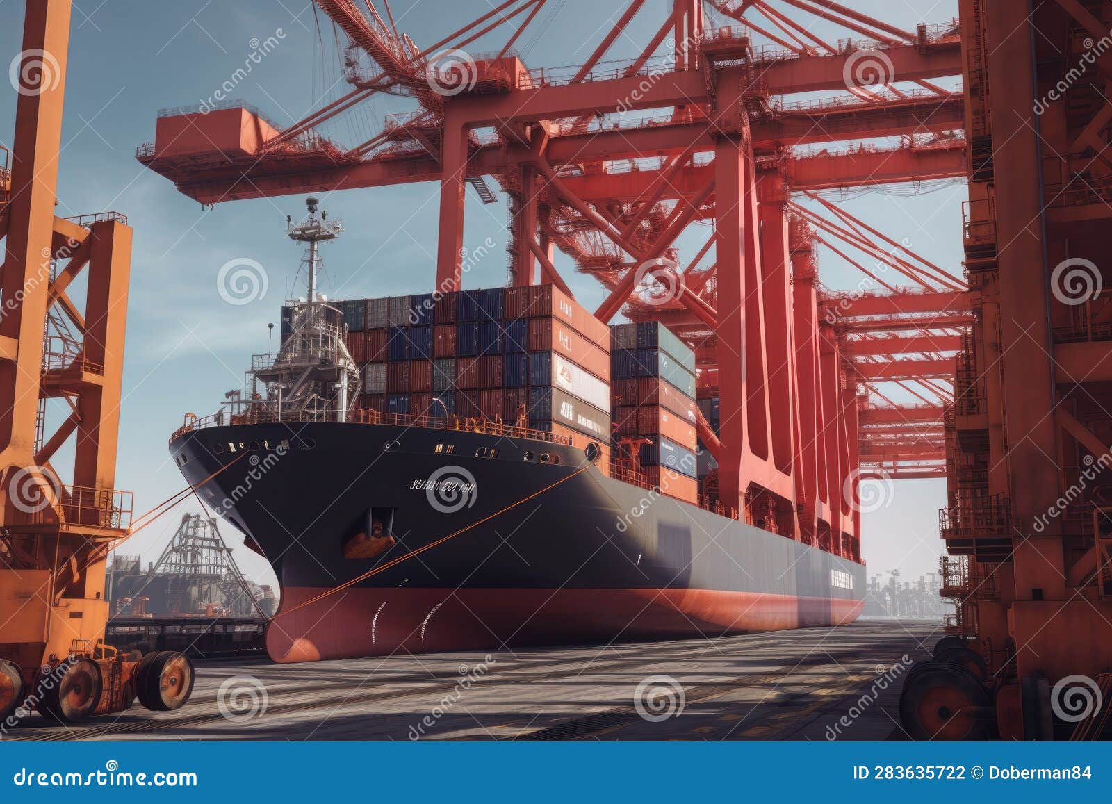 Port Cargo Terminal, Transport Hub. Huge Industrial Cranes Loading ...