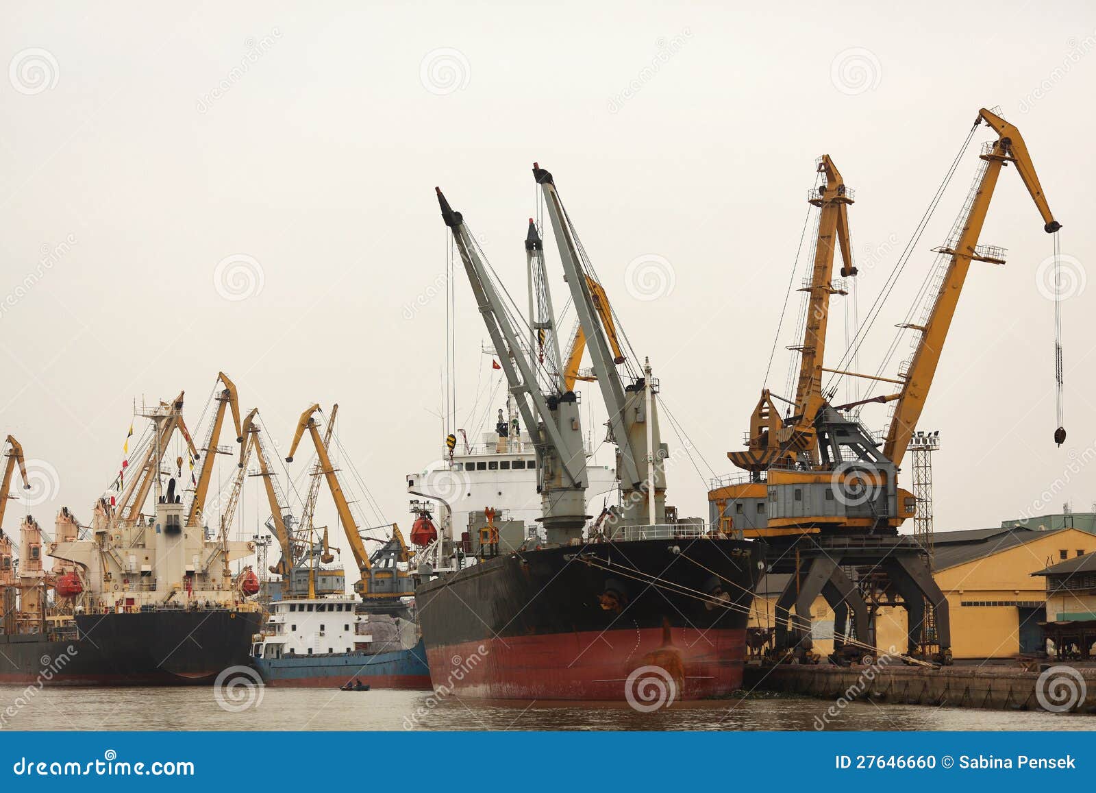 Port or Commercial Harbor with Cargo Ship and Cran Stock Photo - Image ...