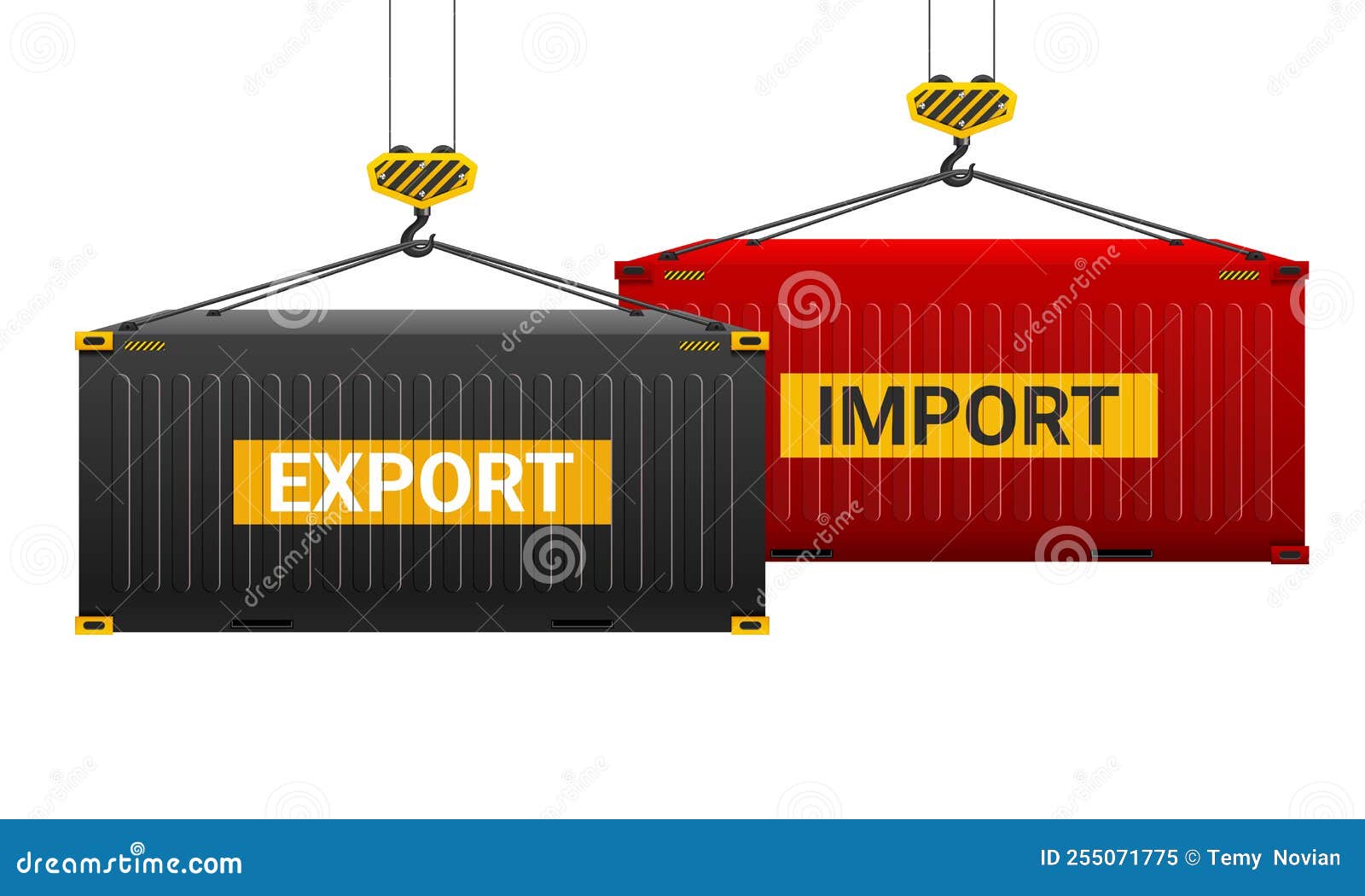 Port Crane Lift Two Cargo Containers with Import and Export Words Stock Illustration ...