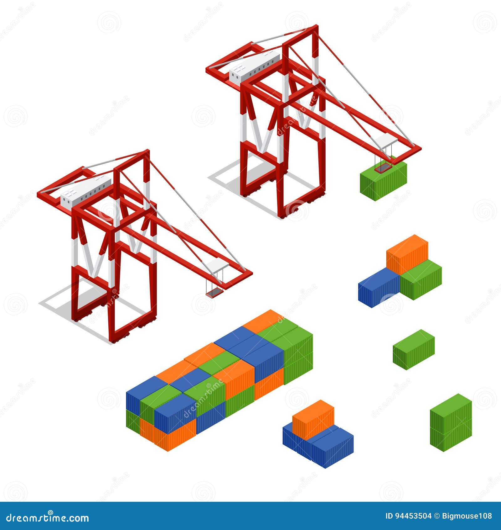 Port Crane and Loading Color Freight Container Isometric View. Vector ...