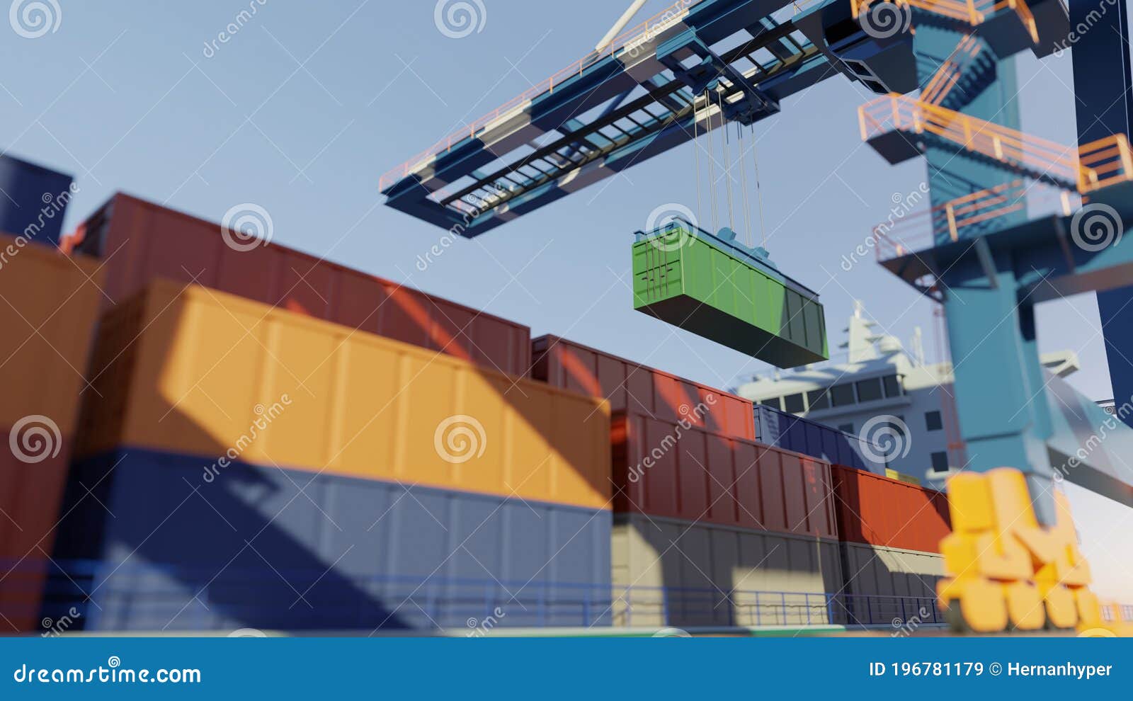 Port Cranes Loading Containers on a Cargo Ship at the Port. Digital 3D ...