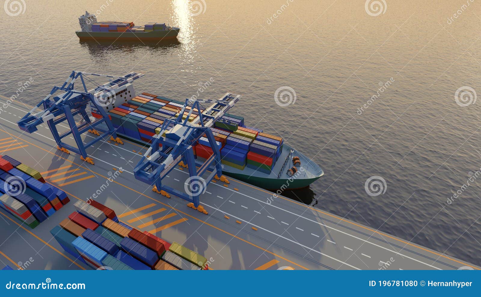 Port Cranes Loading Containers On A Cargo Ship At The Port. Tilt-shift ...