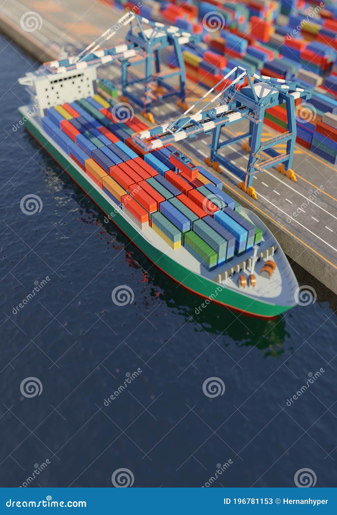 Port Cranes Loading Containers On A Cargo Ship At The Port. Tilt-shift ...