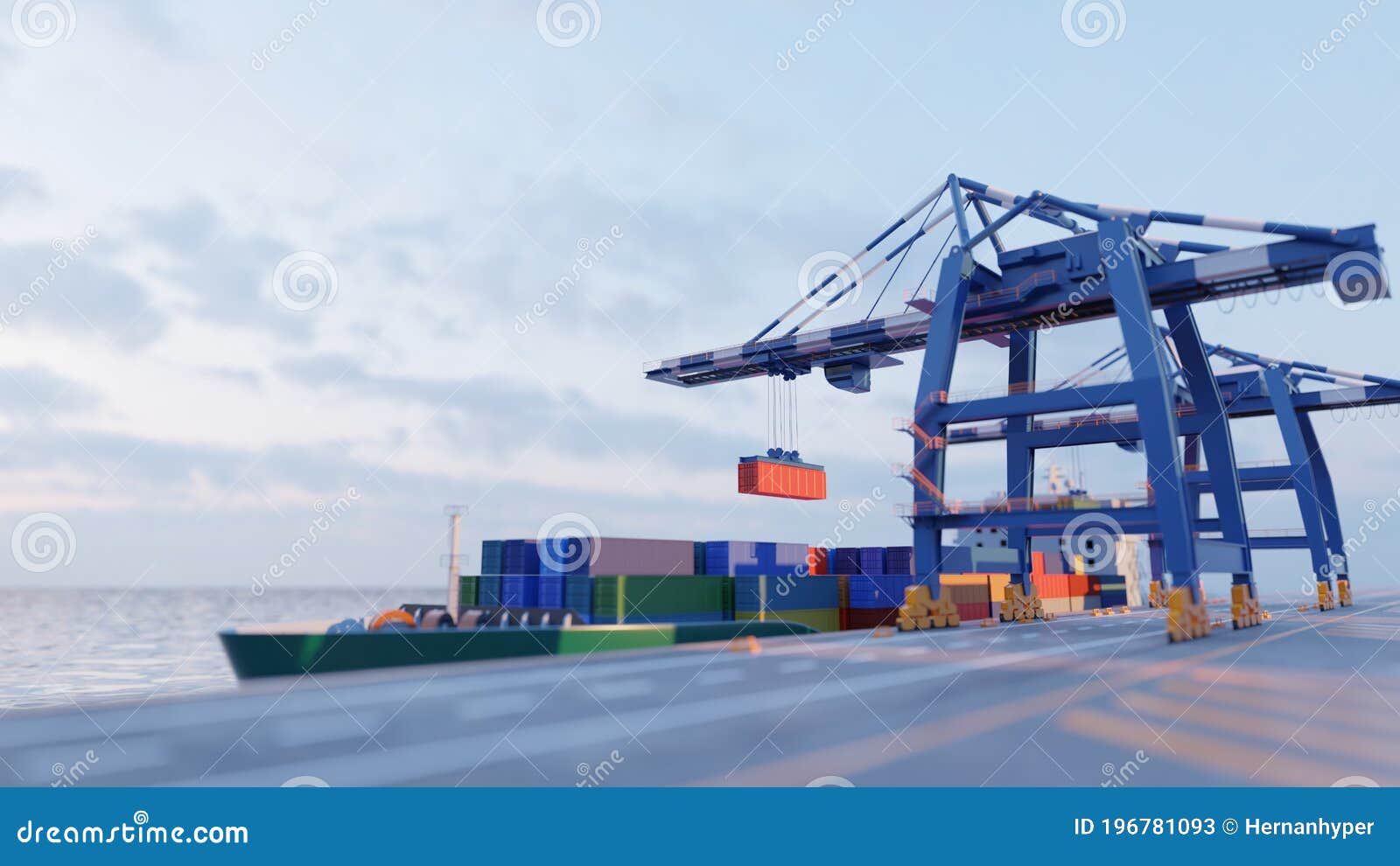 Port Cranes Loading Containers on a Cargo Ship at the Port. Tilt-shift ...