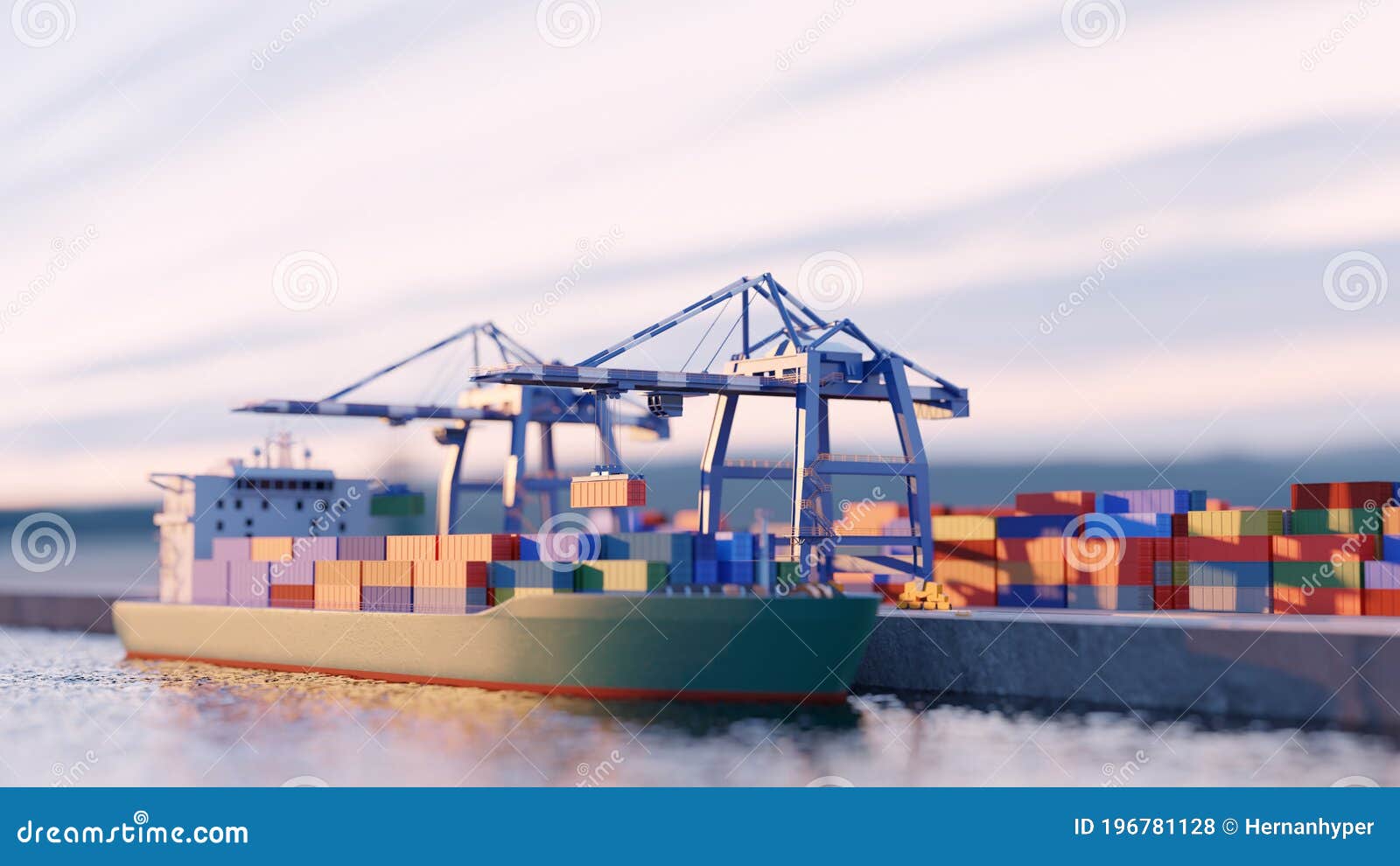 Port Cranes Loading Containers On A Cargo Ship At The Port. Tilt-shift ...