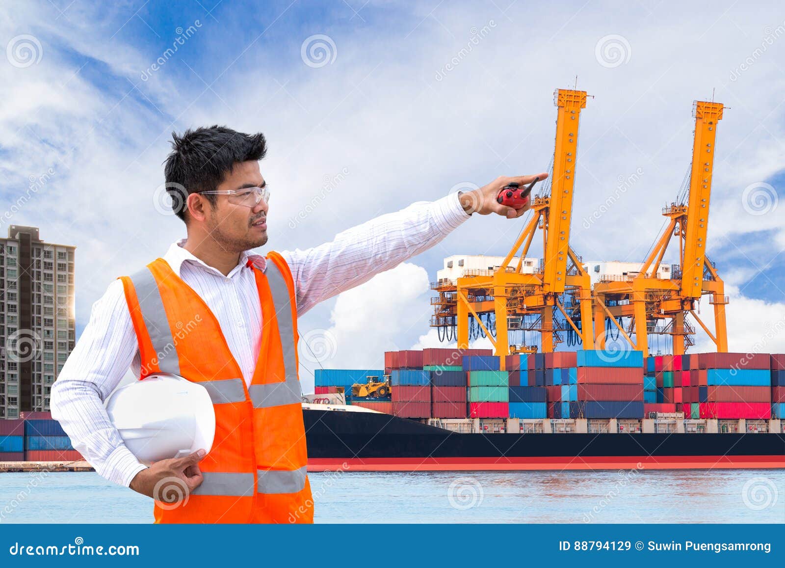 Port Engineer Standing in Front of the Industrial Harbor with Co Stock ...