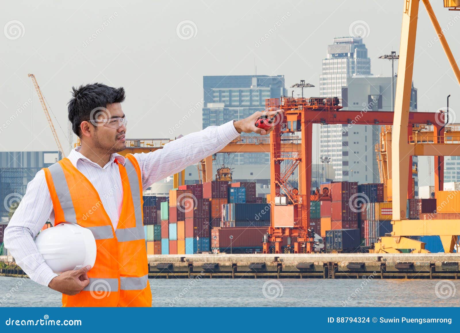 Port Engineer Standing in Front of the Industrial Harbor Stock Photo ...